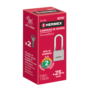 43797 / CH-25L TRUPER Candado de hierro 25 mm gancho largo en caja, Hermex