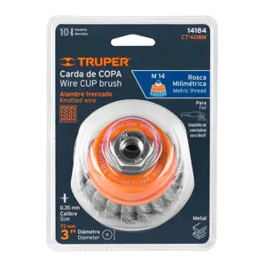 14184 / CT-608M TRUPER Carda copa 3' alambre trenzado fino, eje M14, Truper
