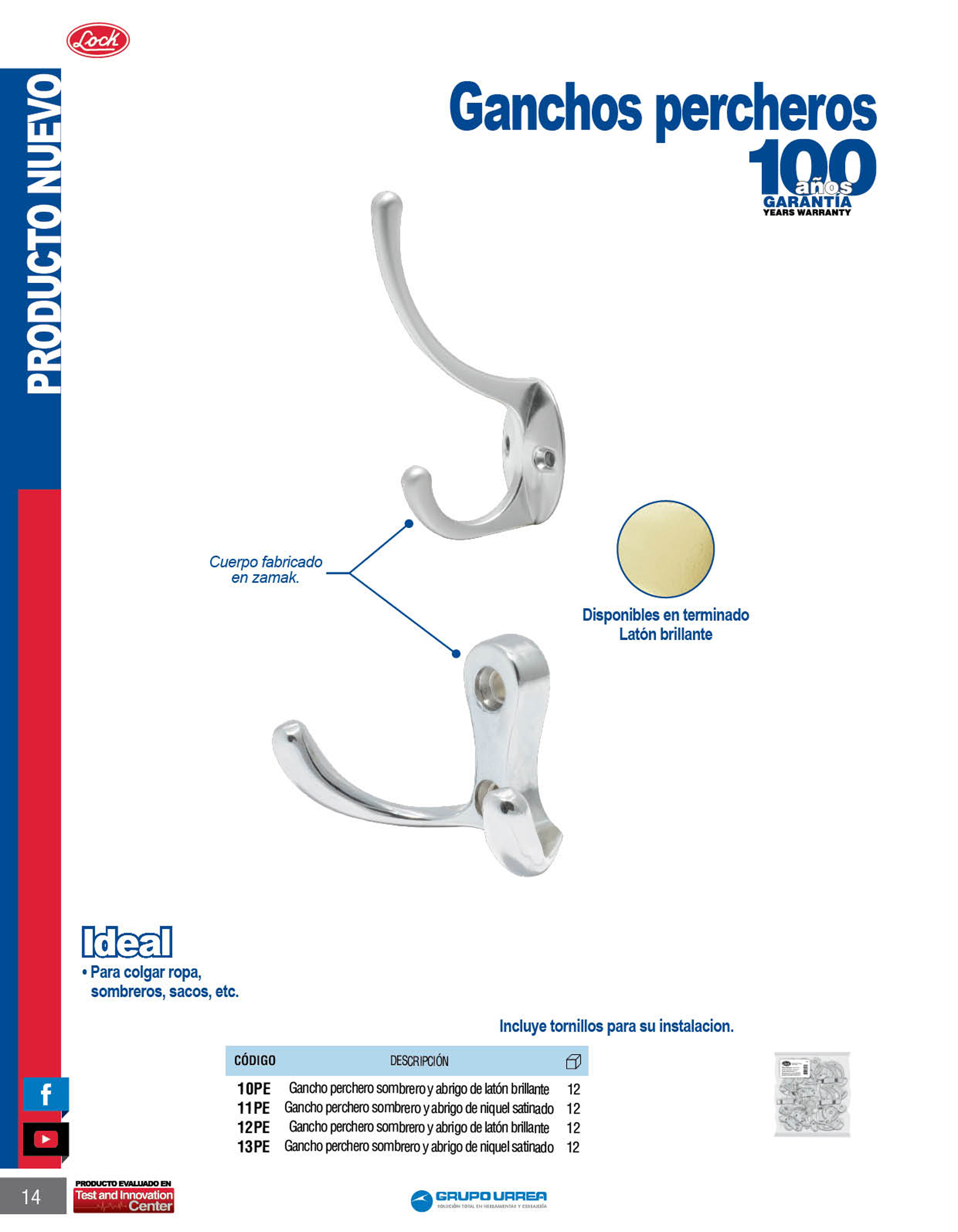 Lock-12PE / 12PE TRUPER Gancho perchero doble, latón brillante Lock