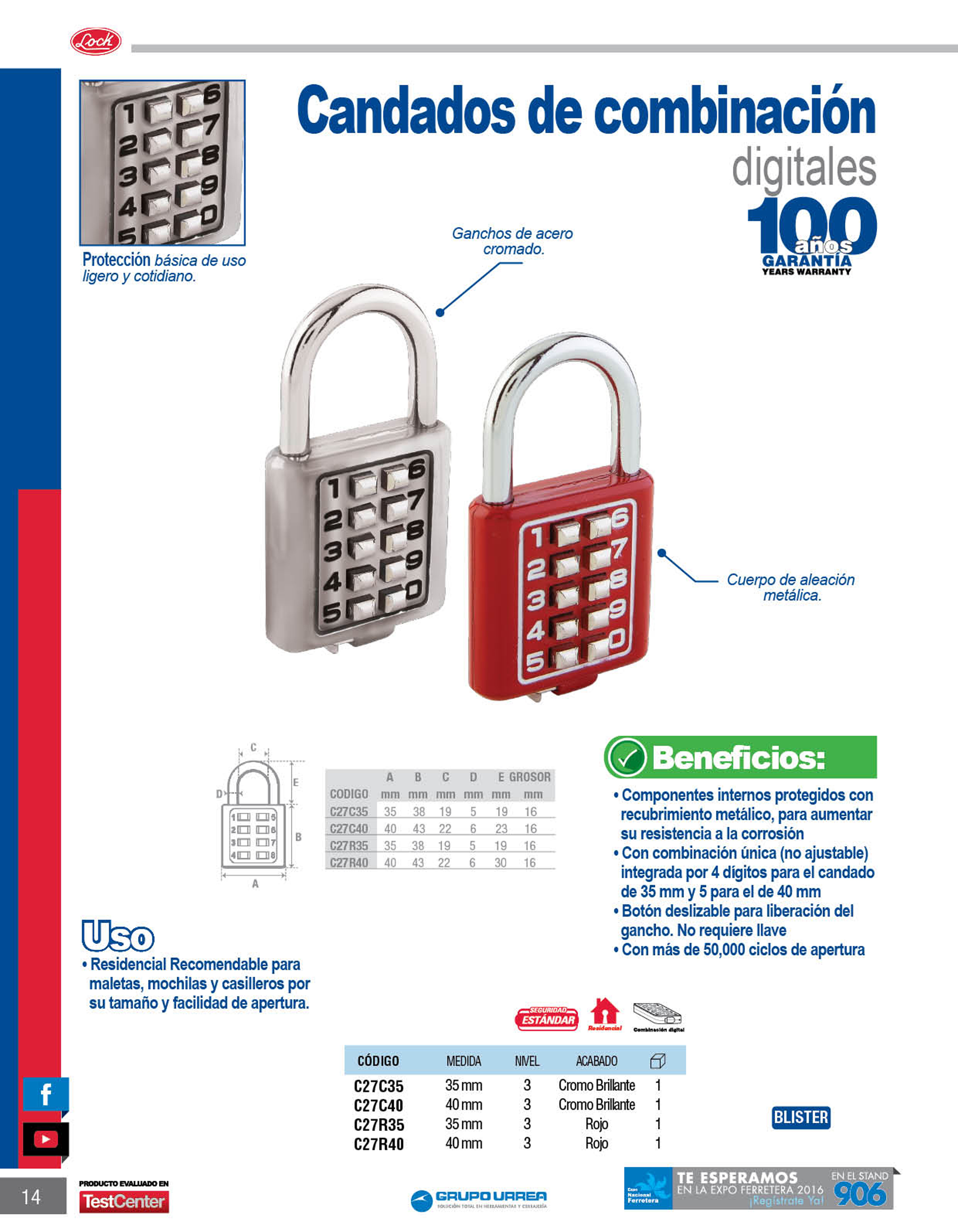 Lock-C27C40 / C27C40 TRUPER Candado de combinación, cromo brillante, 40 ...