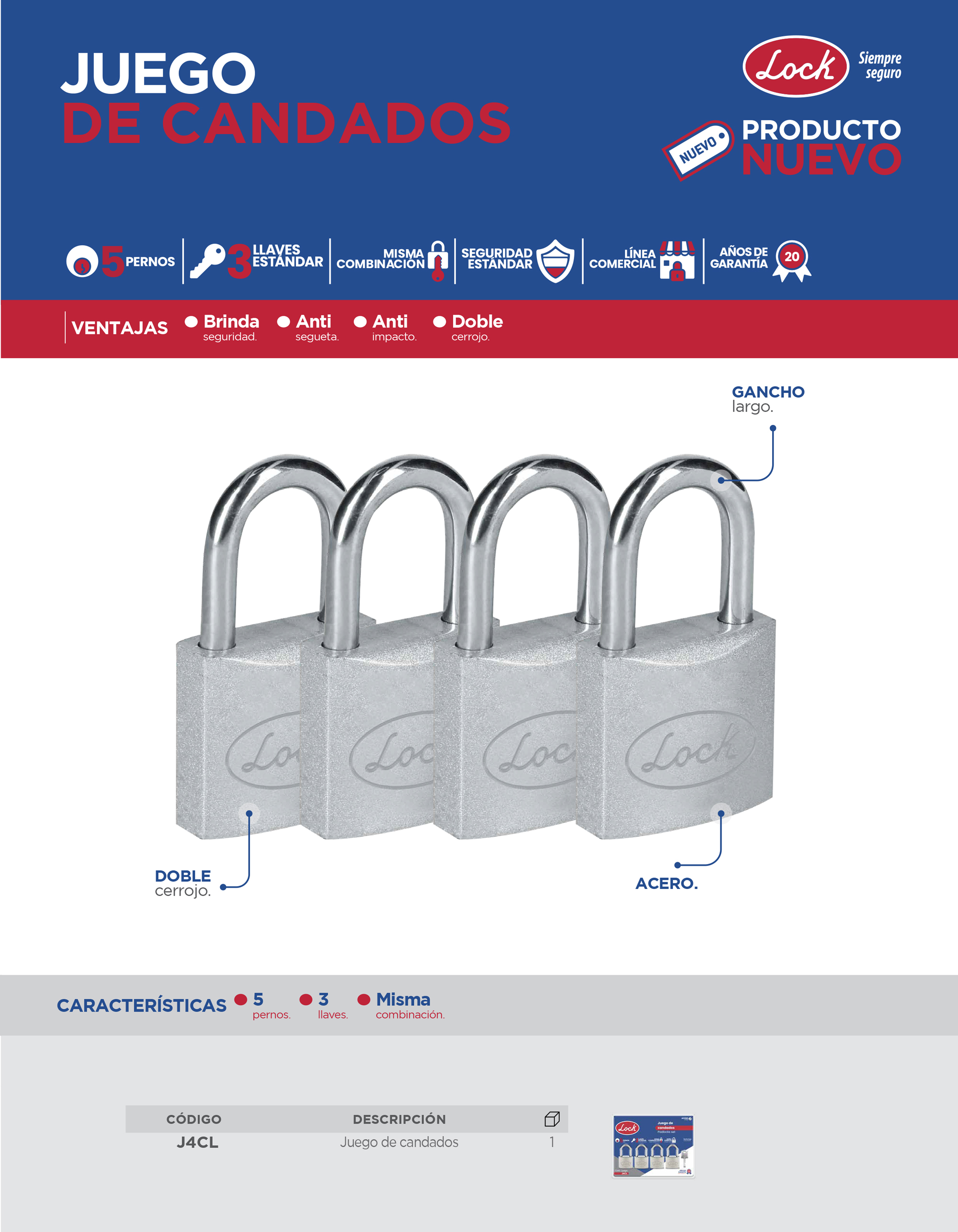 Lock-J4CL / J4CL TRUPER Juego de candados de acero largos 38 mm, llave ...