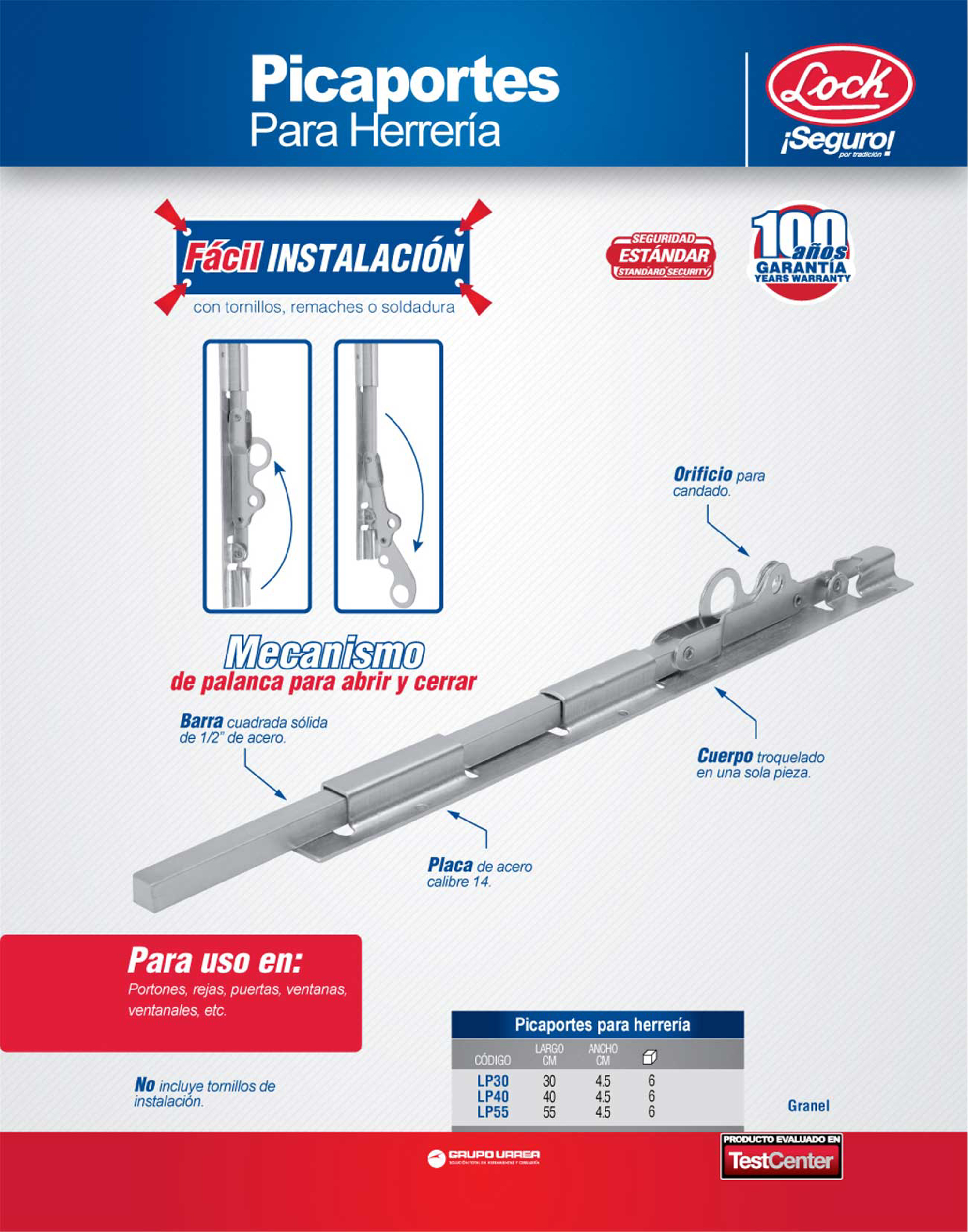 Lock-LP40 / LP40 TRUPER Picaporte sólido, mecanismo de palanca, 40 cm Lock