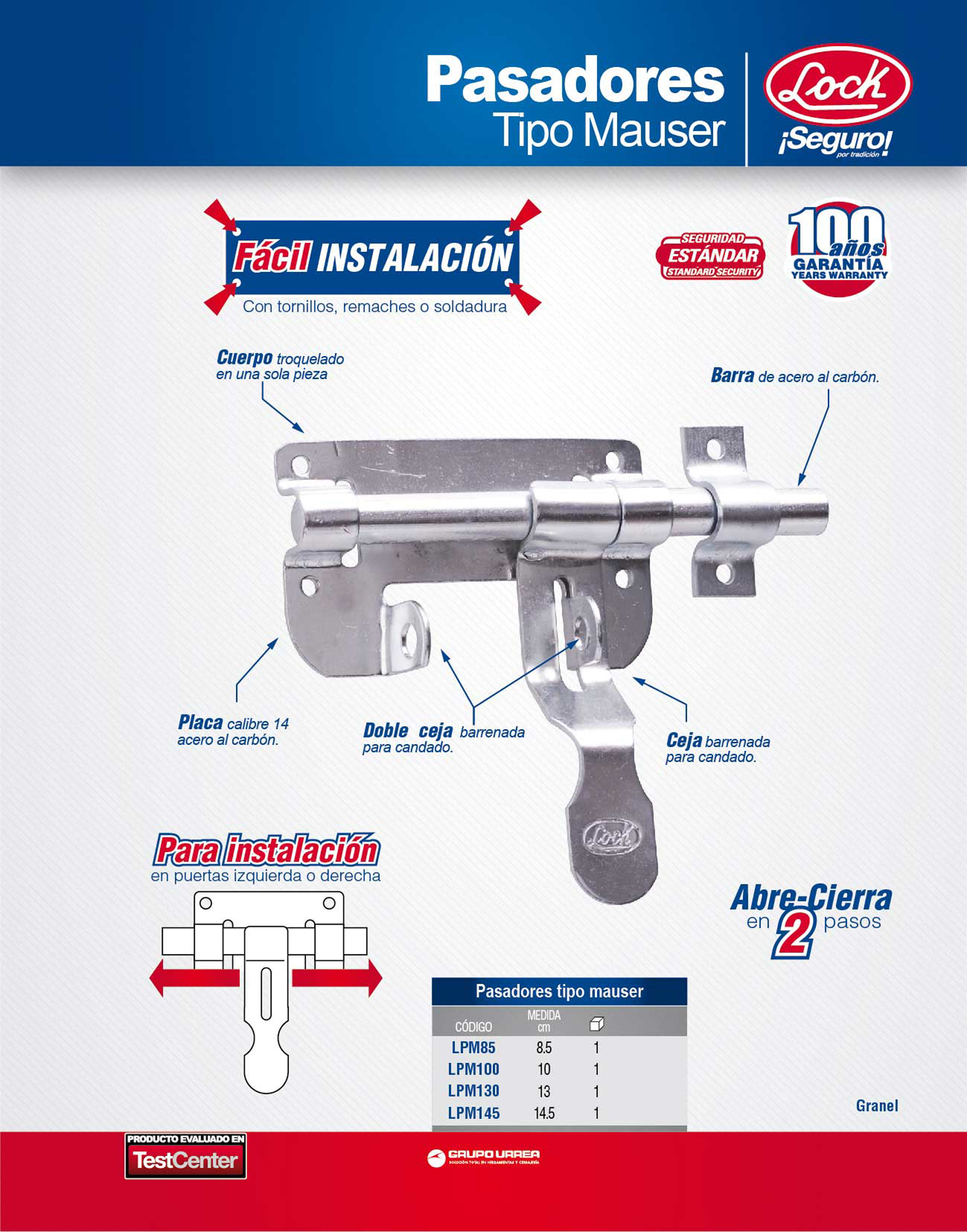 Lock-LPM85 / LPM85 TRUPER Pasador tipo mouser para puerta, 8.5 cm Lock