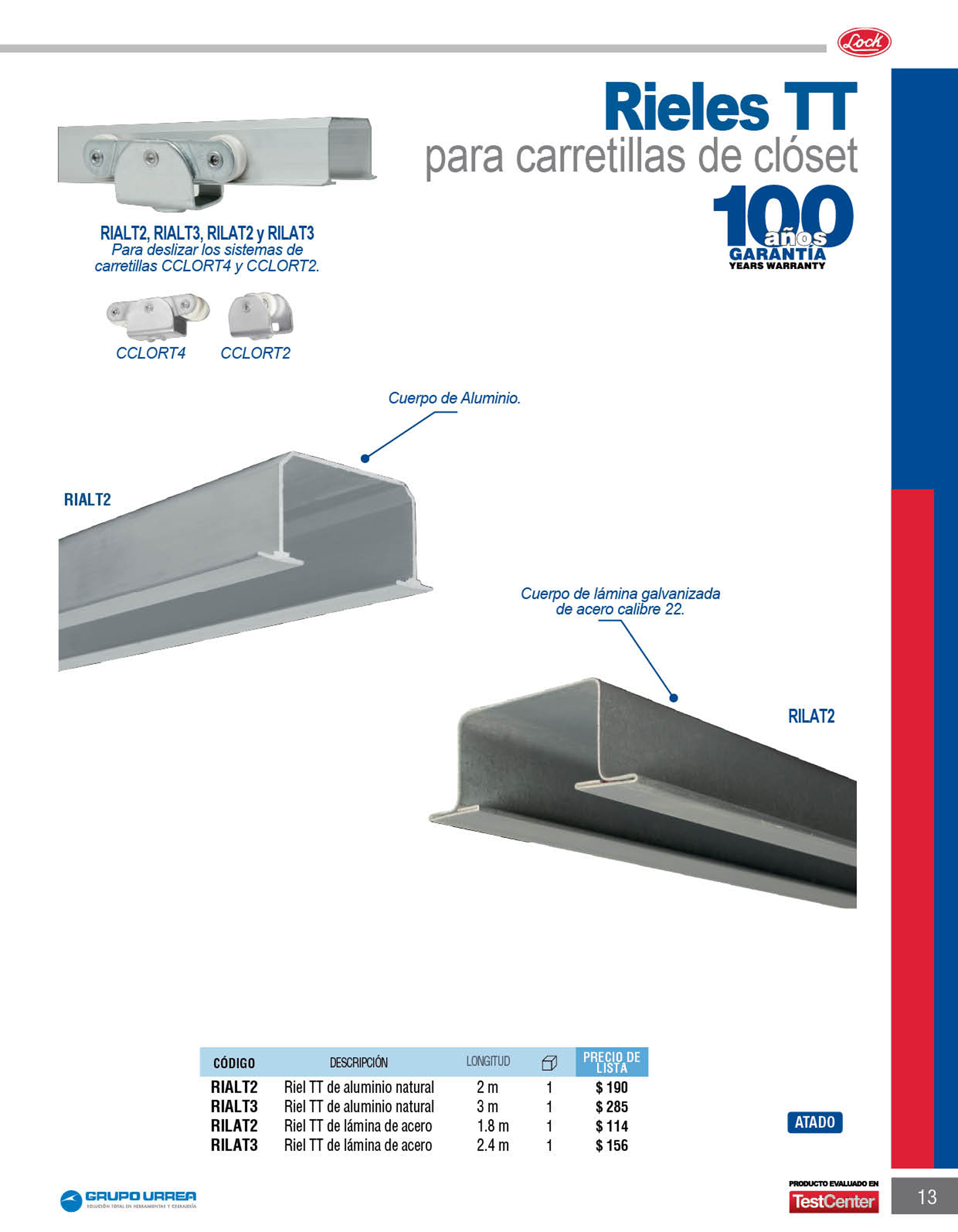 Lock-RILAT2 / RILAT2 TRUPER Riel tipo TT para clóset 1.8 m, de lámina Lock