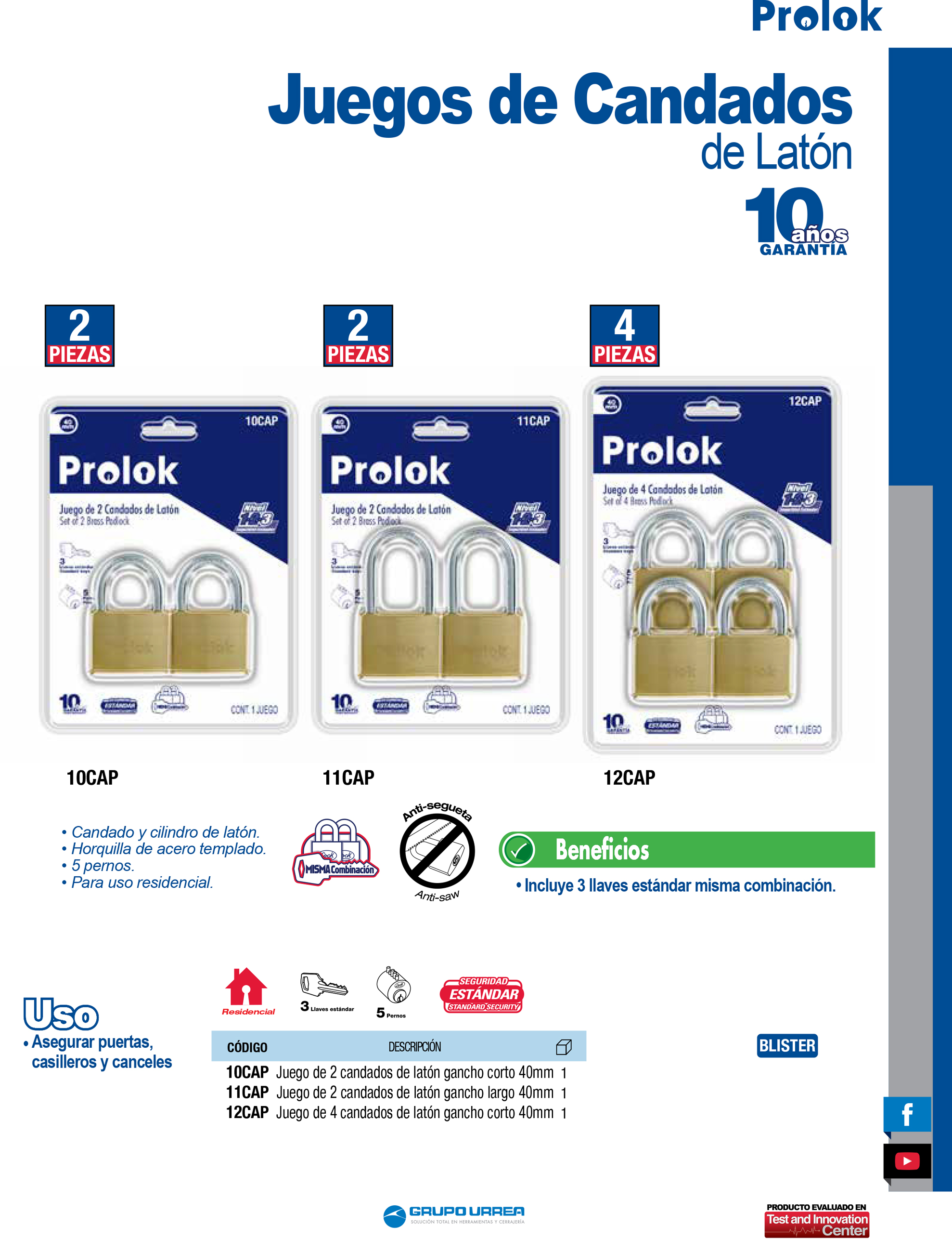 Prolok-11CAP / 11CAP TRUPER Juego de candados de latón largos 40 mm, llave estándar, 2 piezas Prolok