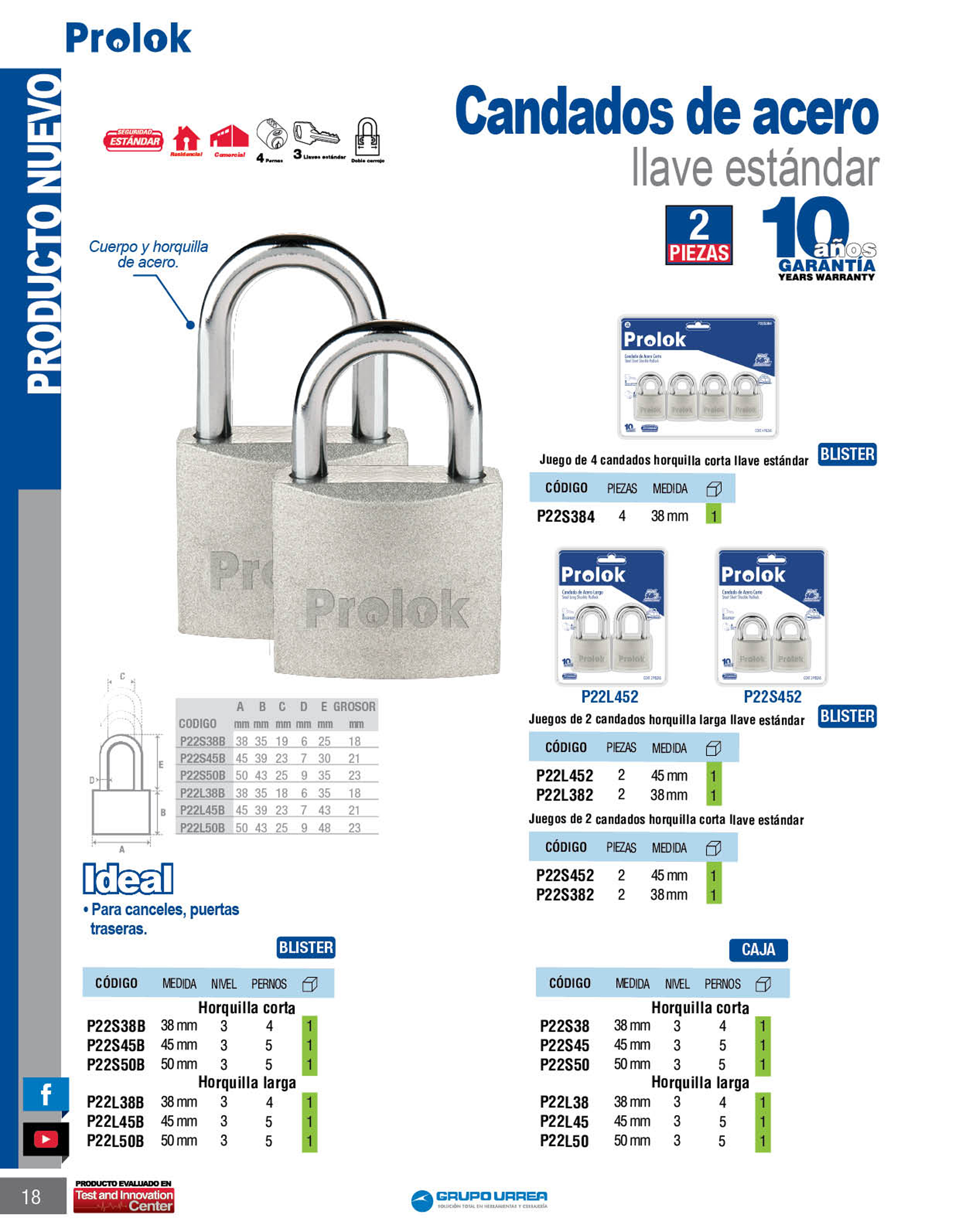 Prolok-P22L45 / P22L45 TRUPER Candado de acero largo 45 mm, llave estándar, en caja Prolok