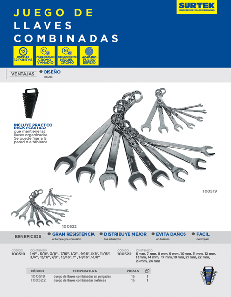 Surtek-100519 / 100519 TRUPER Juego de llaves combinadas pulido espejo en pulgadas, 12 puntas ...