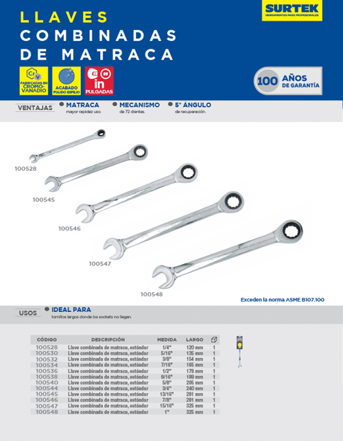 Surtek-100546 / 100546 TRUPER Llave combinada pulido espejo de matraca ...