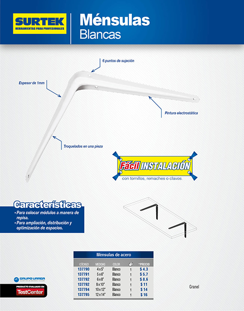 Surtek-137791 / 137791 TRUPER Ménsula color blanco 5 x 6" Surtek