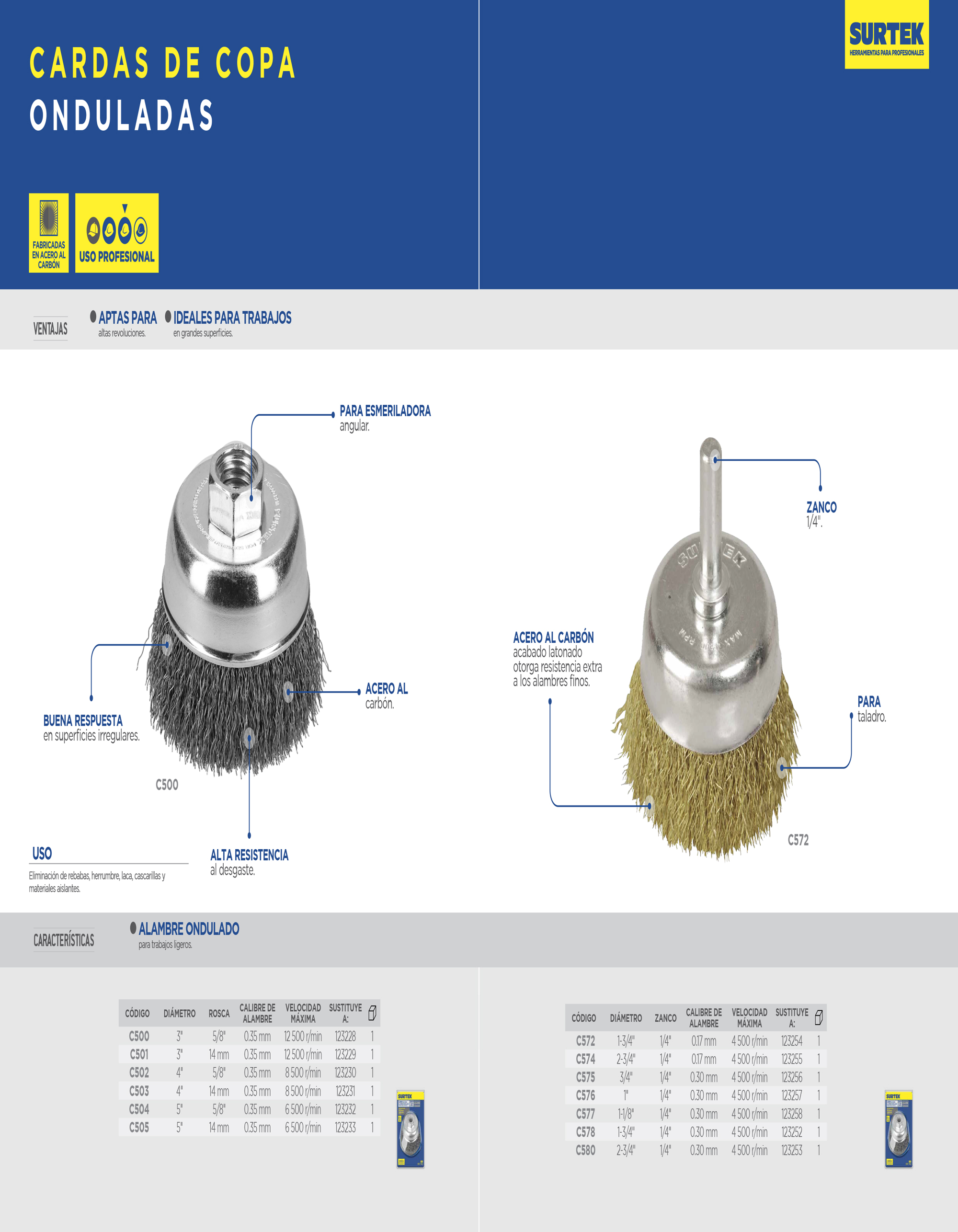 Surtek-C502 / C502 TRUPER Carda copa ondulada alambre delgado 4" x 0.35 ...