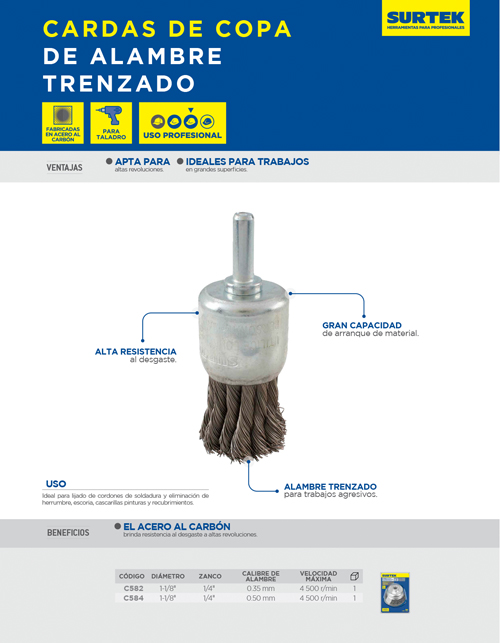 Surtek-C584 / C584 TRUPER Carda copa trenzada alambre grueso 1-1/8" x 0.50 mm con zanco 1/4" Surtek