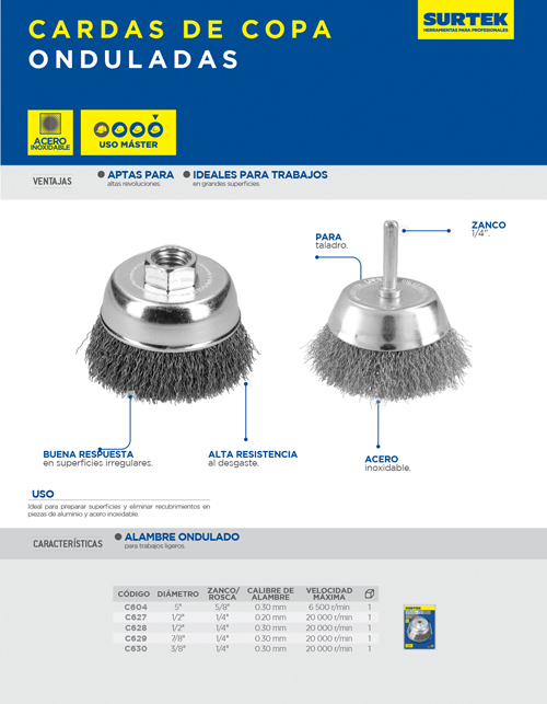 Surtek-C627 / C627 TRUPER Carda copa ondulada alambre fino acero inoxidable 1/2" x 0.20 mm con ...