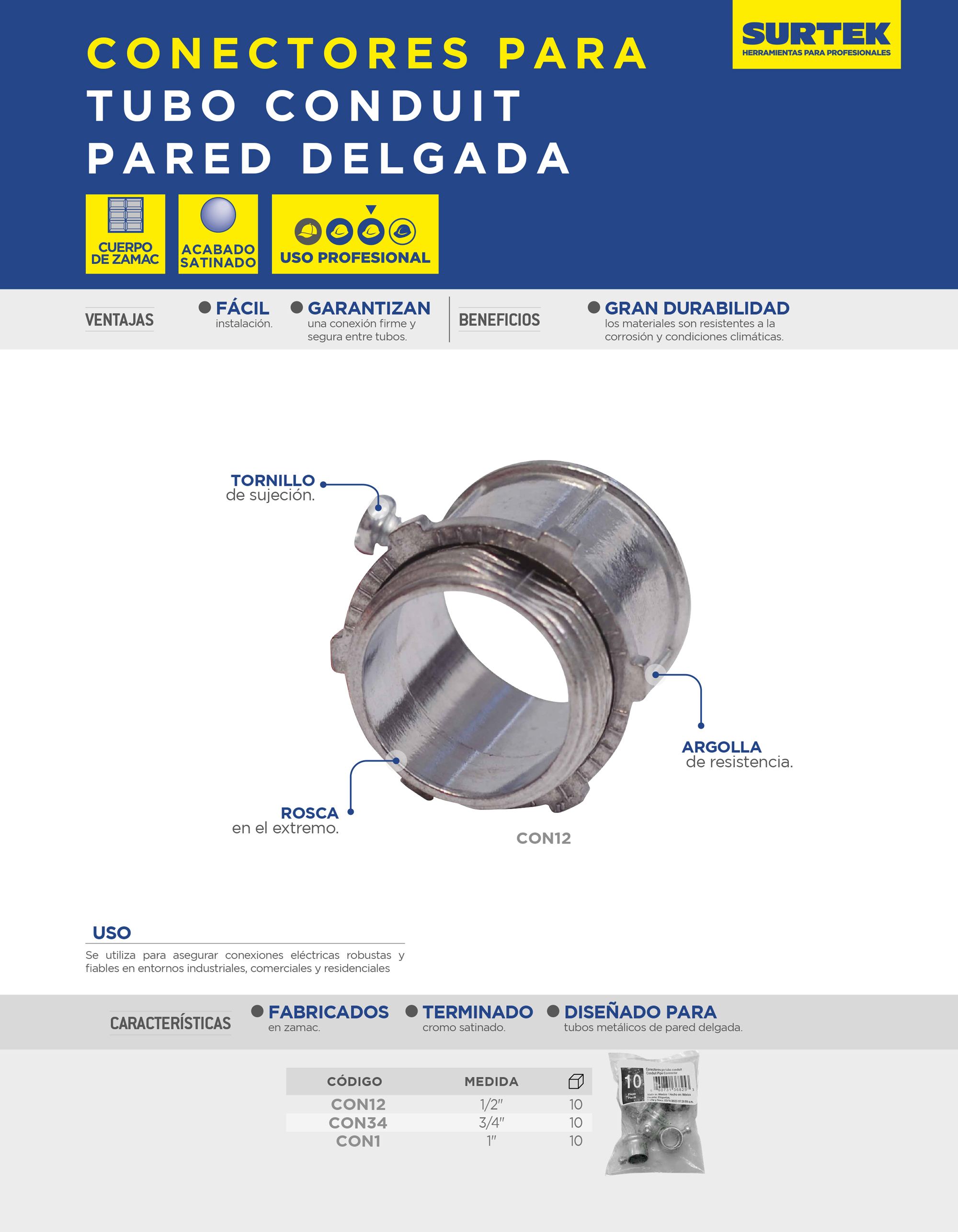 Surtek-CON12 / CON12 TRUPER Conector para tubo conduit pared delgada 1/2" Surtek
