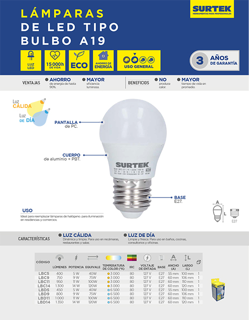 Surtek-LBC14 / LBC14 TRUPER Lámpara de LED tipo bulbo A19, 14 W luz cálida Surtek