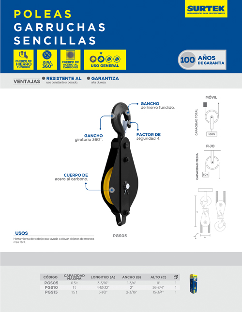 Surtek-PGS10 / PGS10 TRUPER Polea giratoria 4", 1.9 Kg Surtek