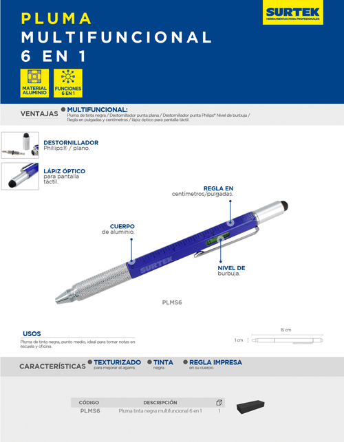 Surtek-PLMS6 / PLMS6 TRUPER Pluma de tinta negra multifunción 6 en 1 Surtek