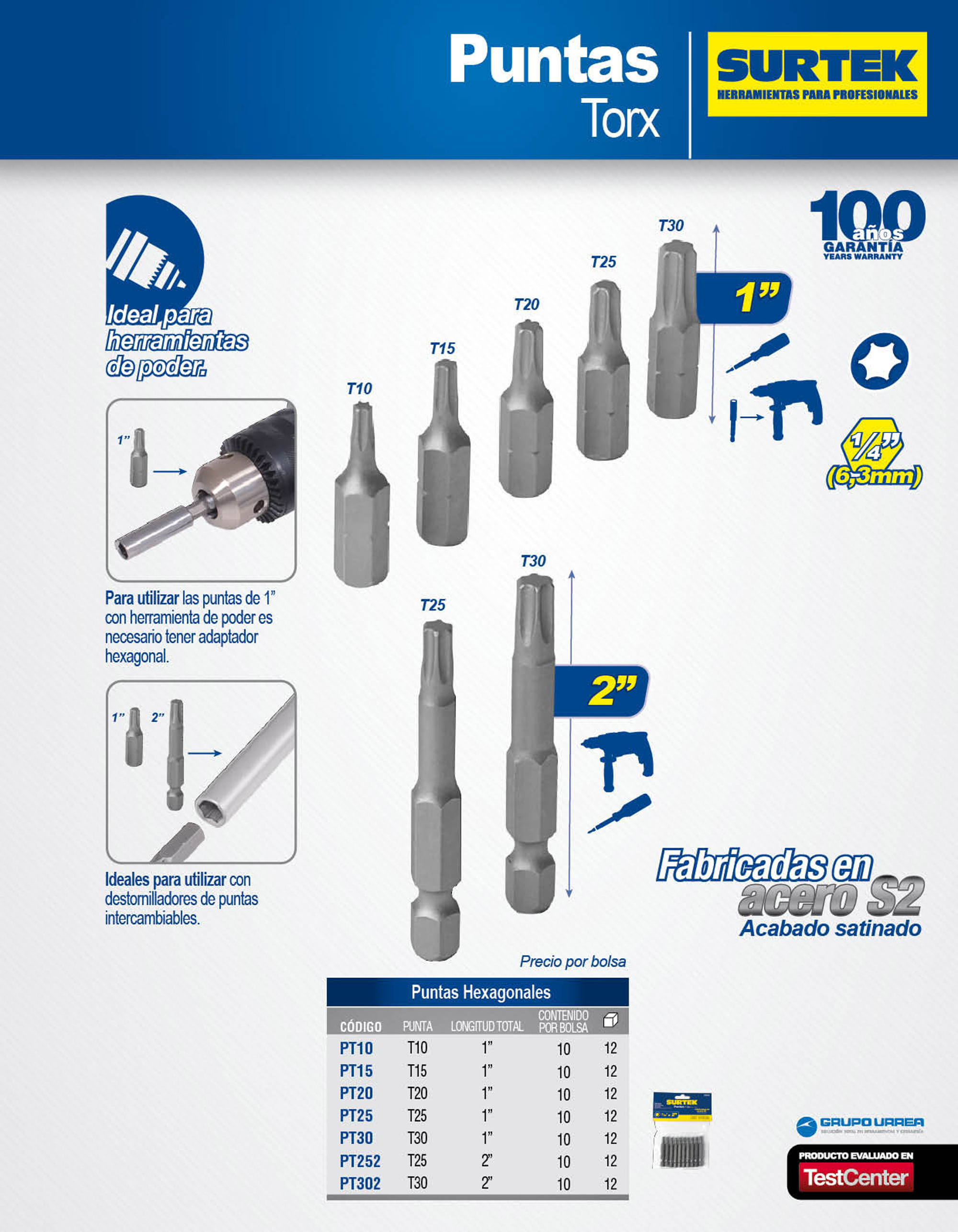 Surtek-PT25 / PT25 TRUPER Punta Torx de poder hexágono de 1/4", T25 x 1" 10 piezas Surtek