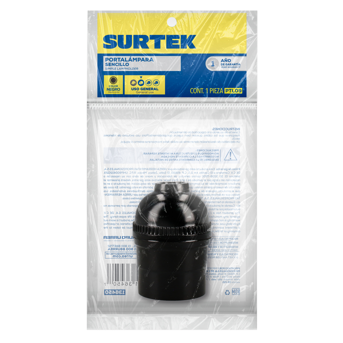 Surtek-PTL09 / PTL09 TRUPER Portalámpara sencilla, color negro Surtek