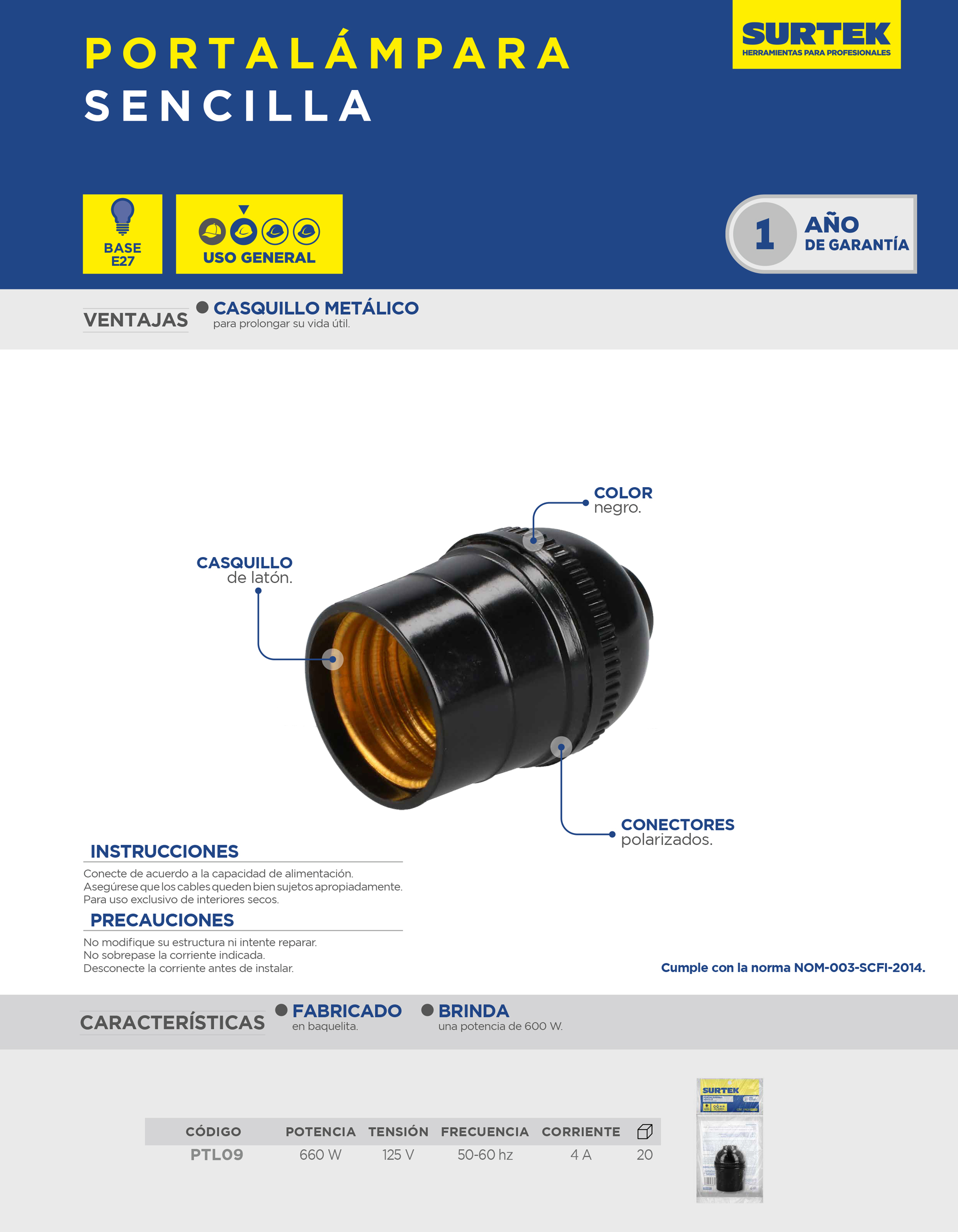 Surtek-PTL09 / PTL09 TRUPER Portalámpara sencilla, color negro Surtek