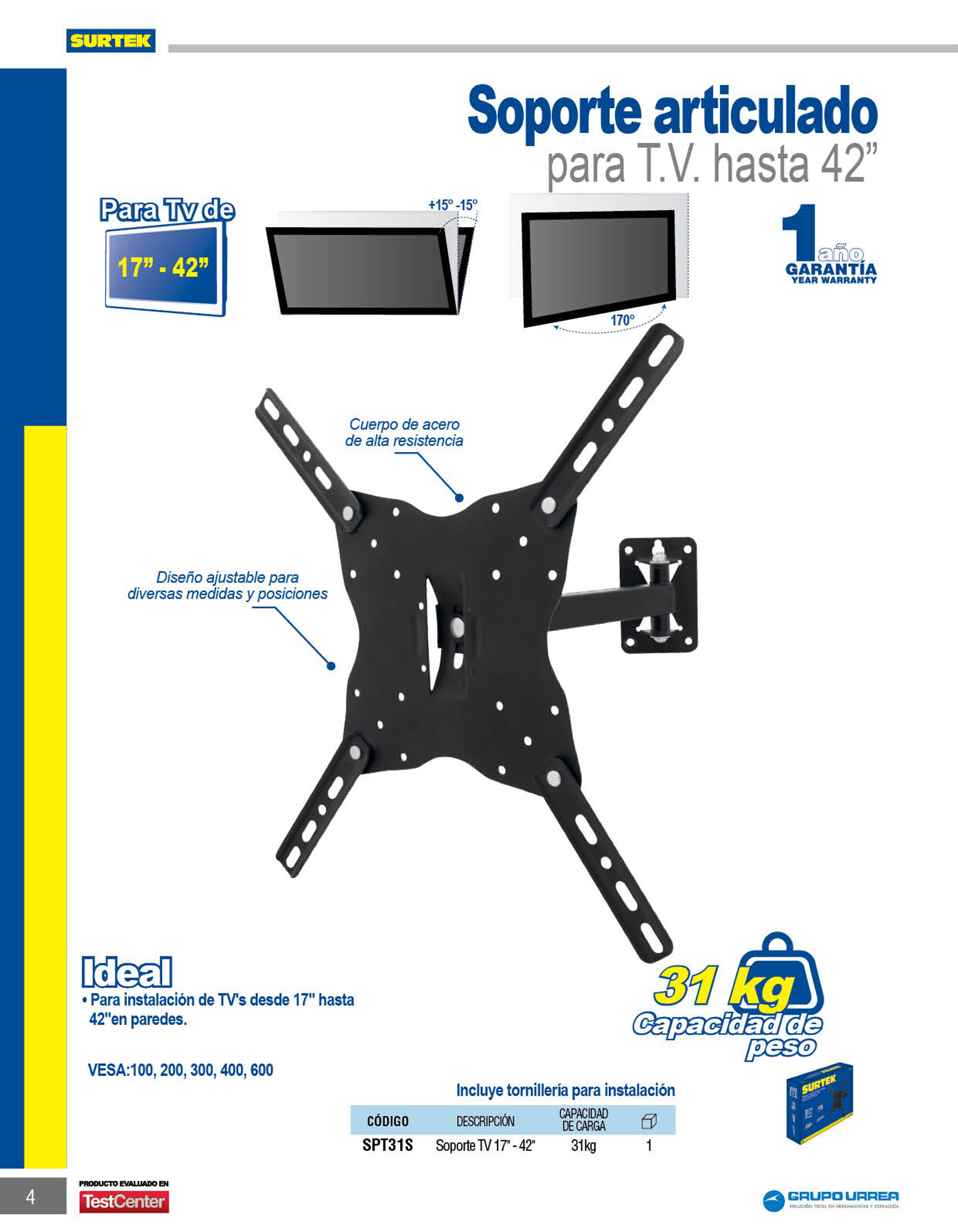 Surtek-SPT31S / SPT31S TRUPER Soporte sencillo para TV 17" - 42", 31 kg ...