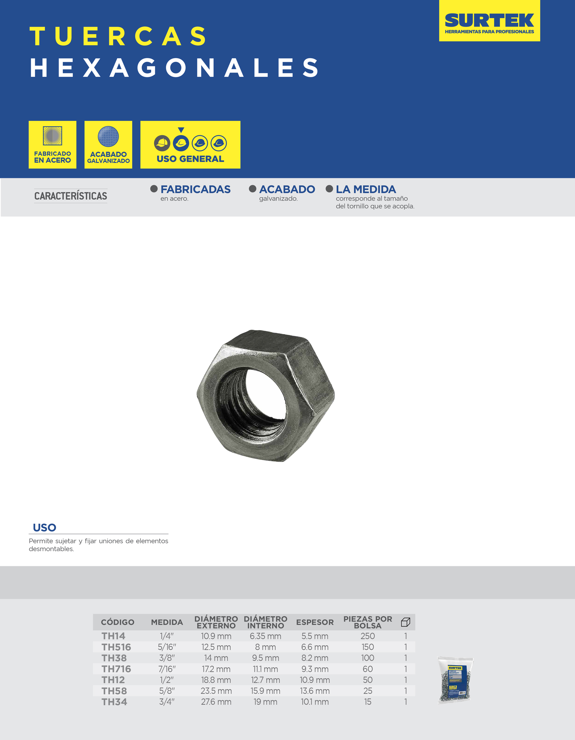Surtek-TH12 / TH12 TRUPER Tuerca hexagonal grado 2, 1/2", 50 piezas Surtek