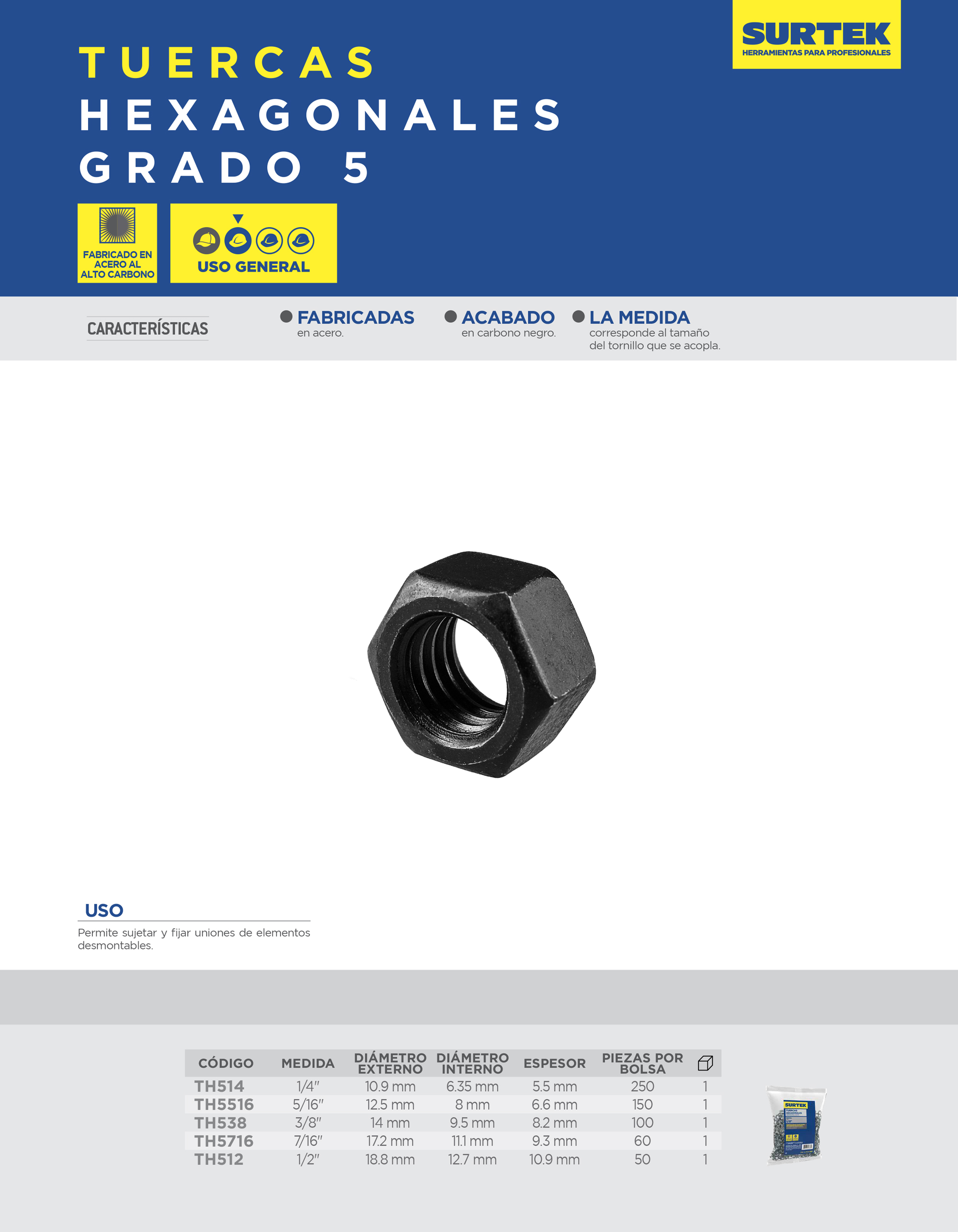 Surtek-TH538 / TH538 TRUPER Tuerca hexagonal grado 5, 3/8", 100 piezas Surtek