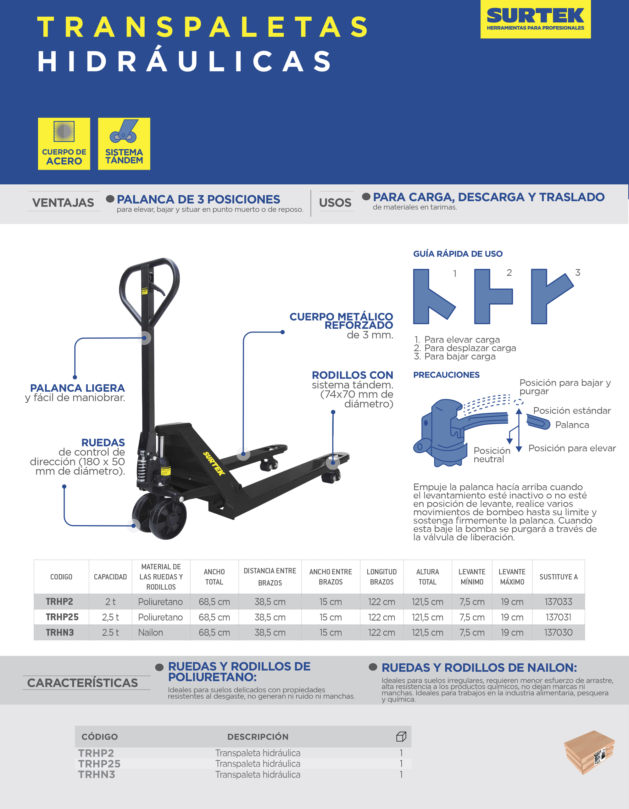 Surtek-TRHN3 / TRHN3 TRUPER Transpaleta hidráulica 2.5 ton Surtek