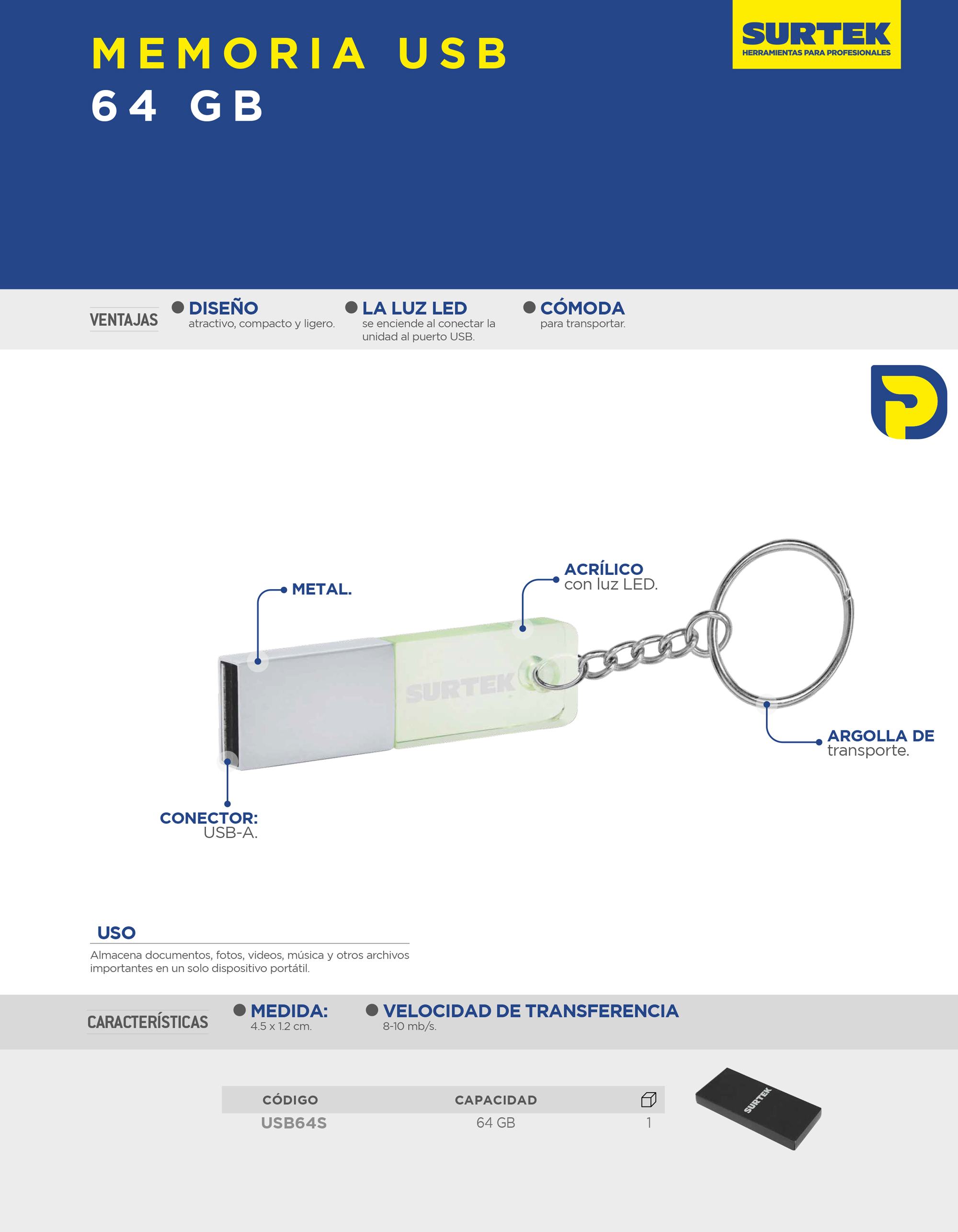 Surtek-USB64S / USB64S TRUPER Memoria USB de acrílico, 64 GB Surtek