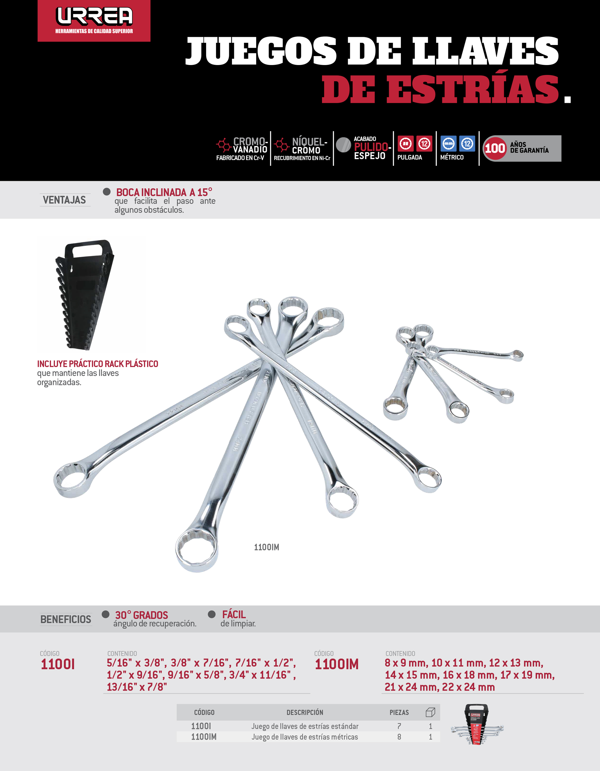Urrea-1100I / 1100I TRUPER Juego de llaves de estrías pulido espejo de 15° en pulgadas, 12 ...