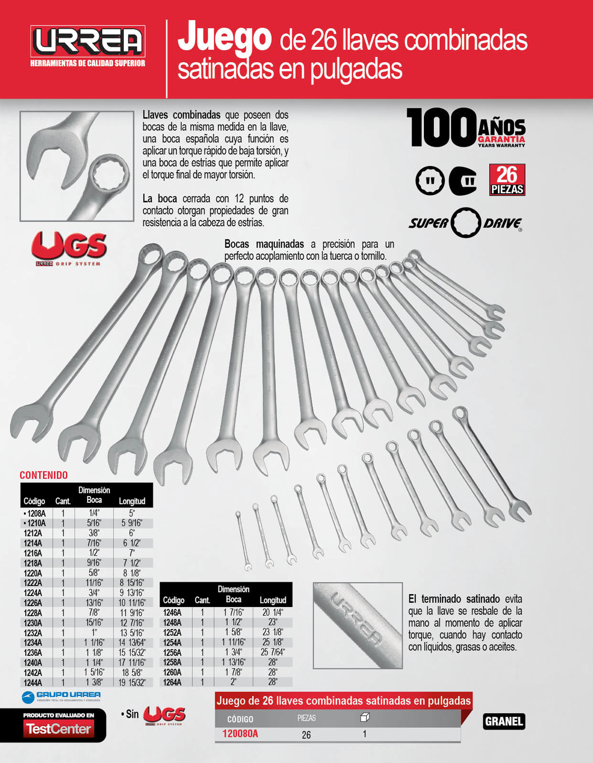 Urrea-120080A / 120080A TRUPER Juego de llaves combinadas satinadas en pulgadas, 12 puntas, 26 ...