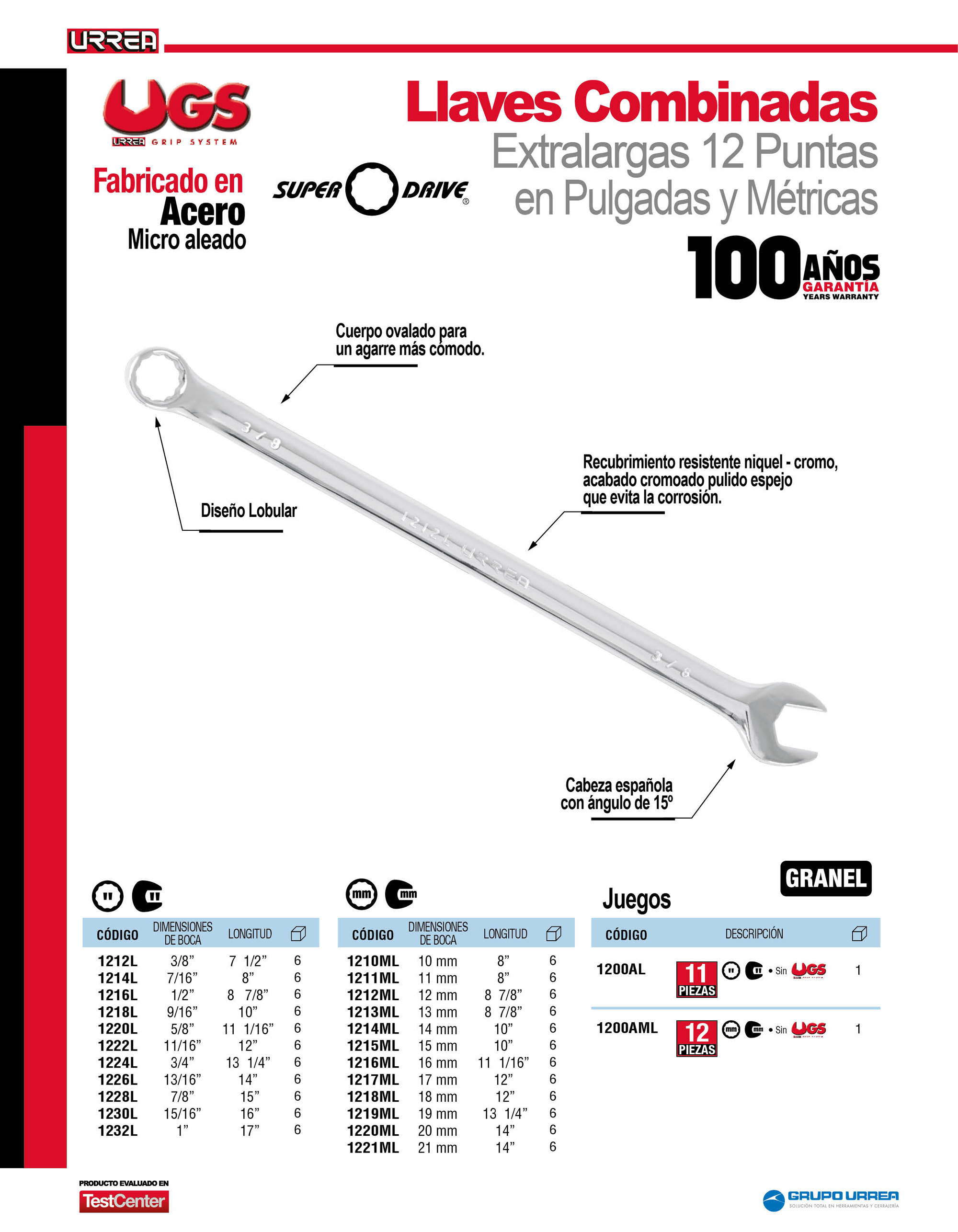 Urrea-1200AML / 1200AML TRUPER Juego de llaves combinadas pulido espejo extra largas mét, 12 ...