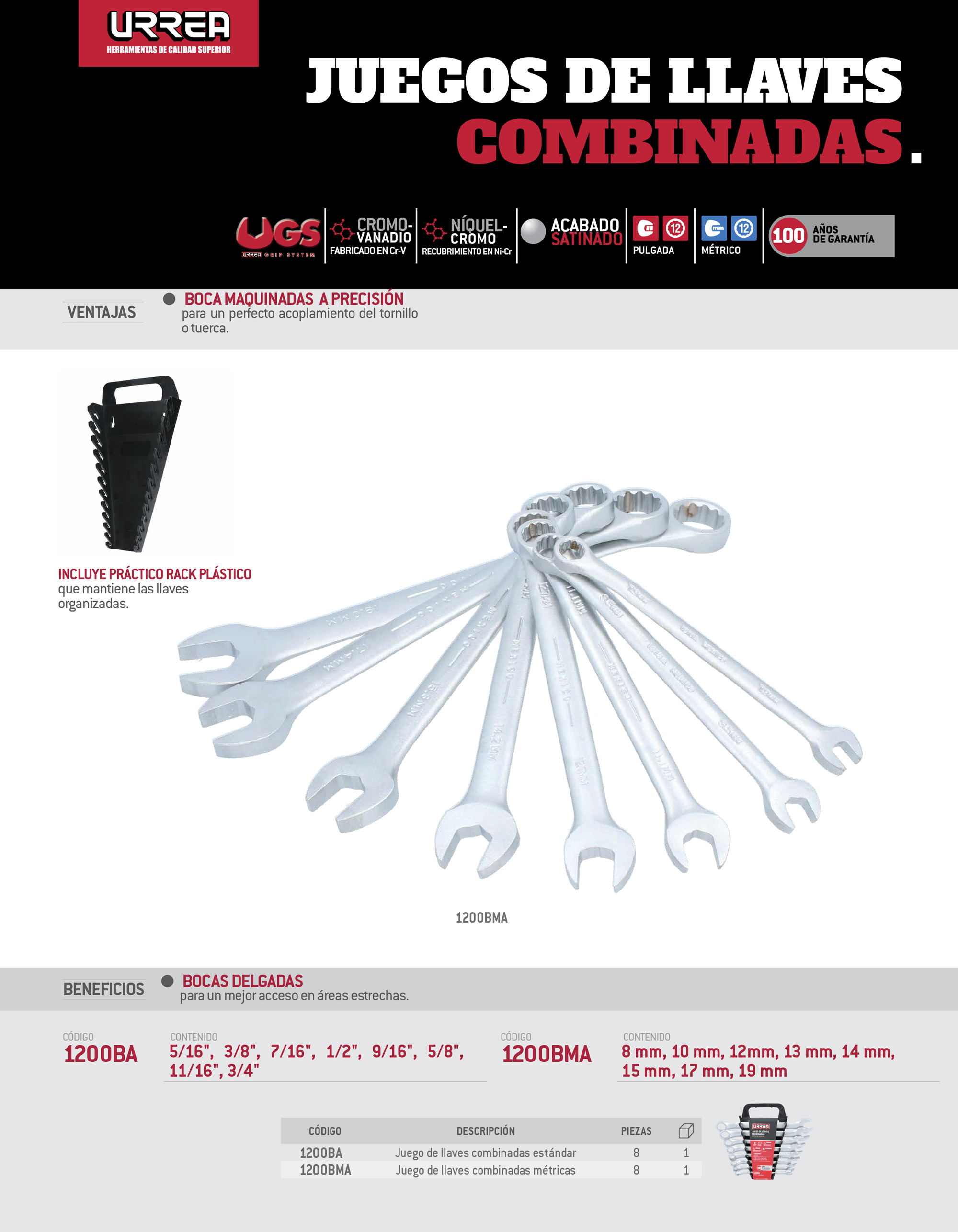 Urrea-1200BMA / 1200BMA TRUPER Juego de llaves combinadas satinadas métricas, 12 puntas, 8 ...