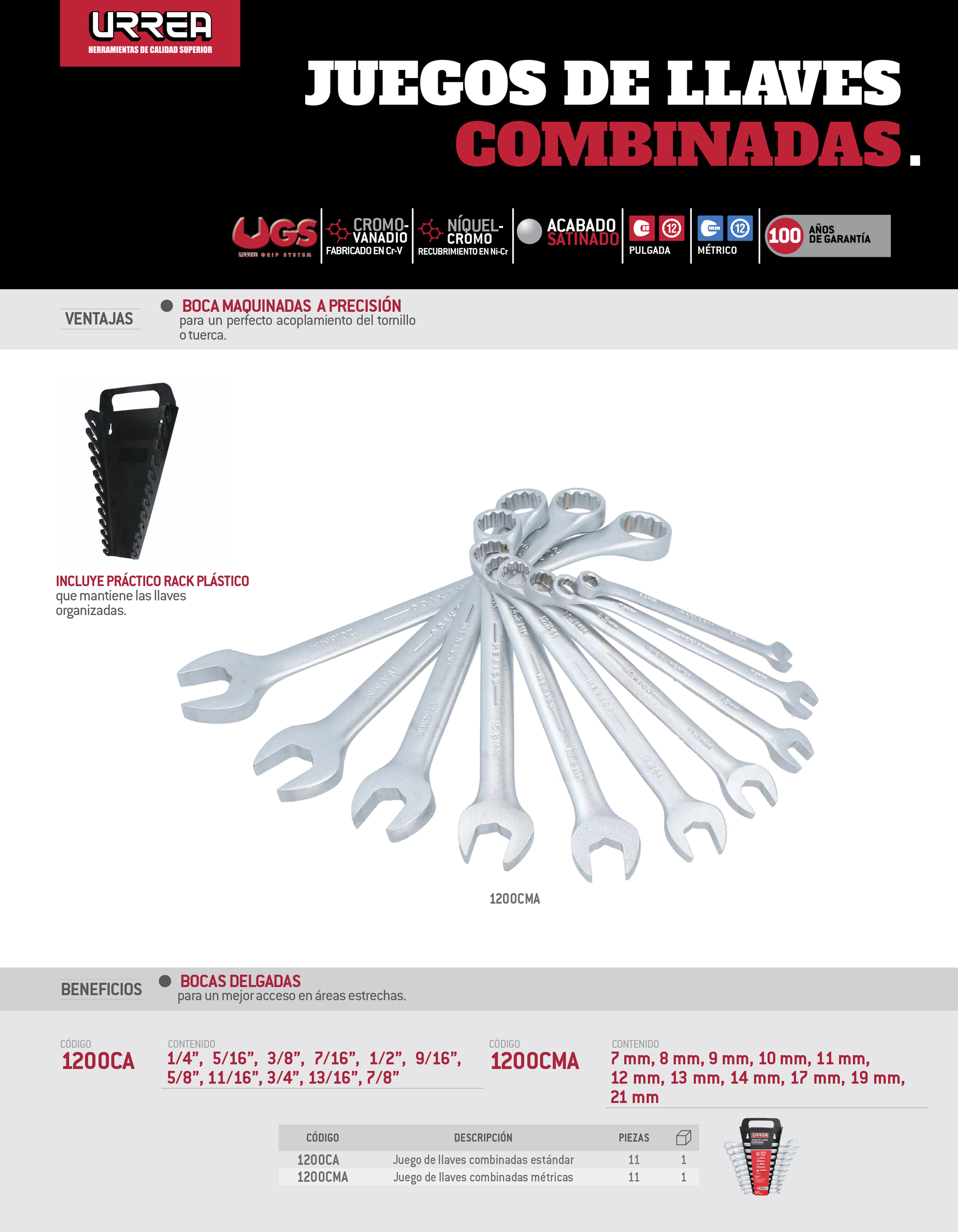 Urrea-1200CMA / 1200CMA TRUPER Juego de llaves combinadas satinadas métricas, 12 puntas, 11 ...