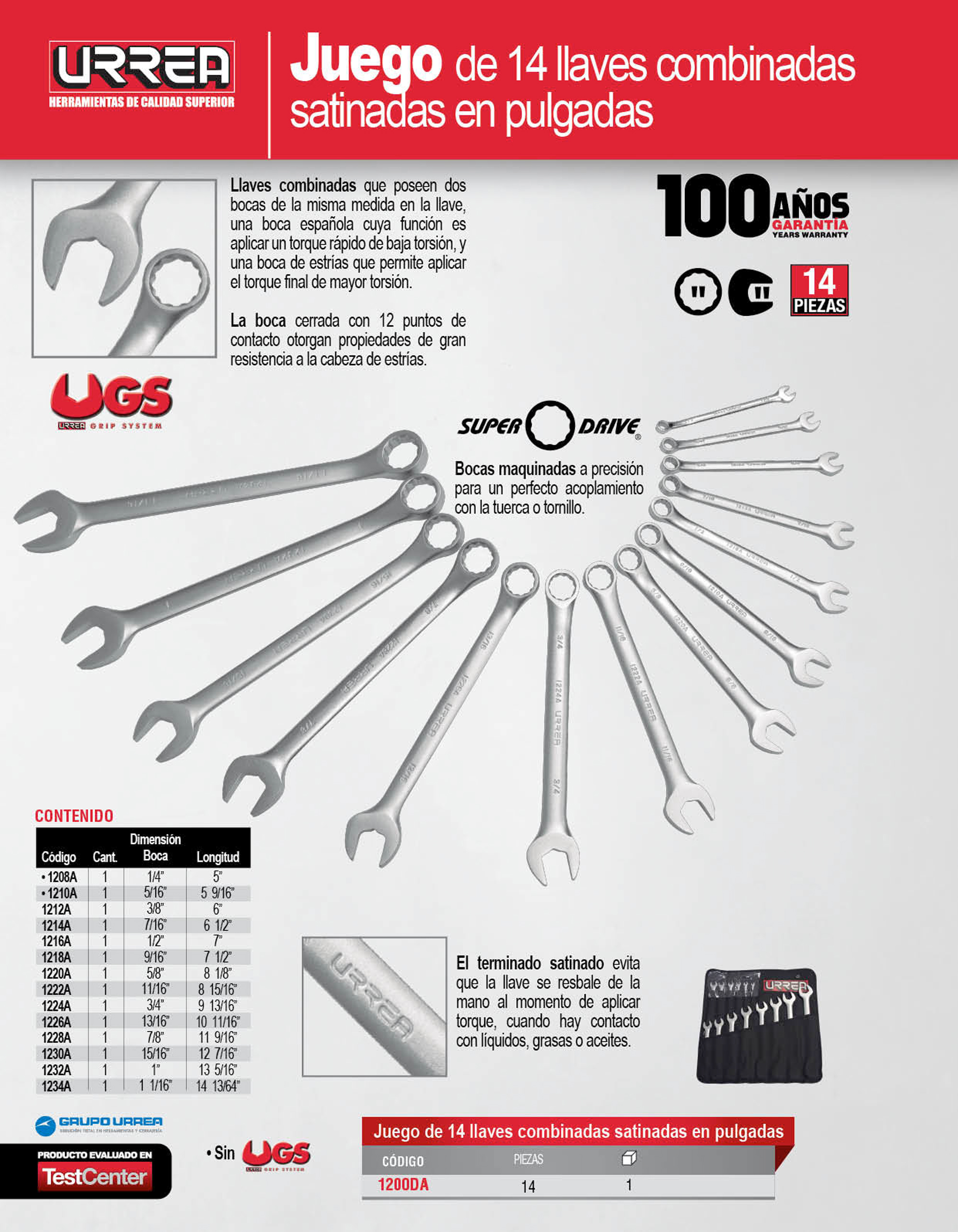 Urrea-1200DA / 1200DA TRUPER Juego de llaves combinadas satinadas en pulgadas, 12 puntas, 14 ...