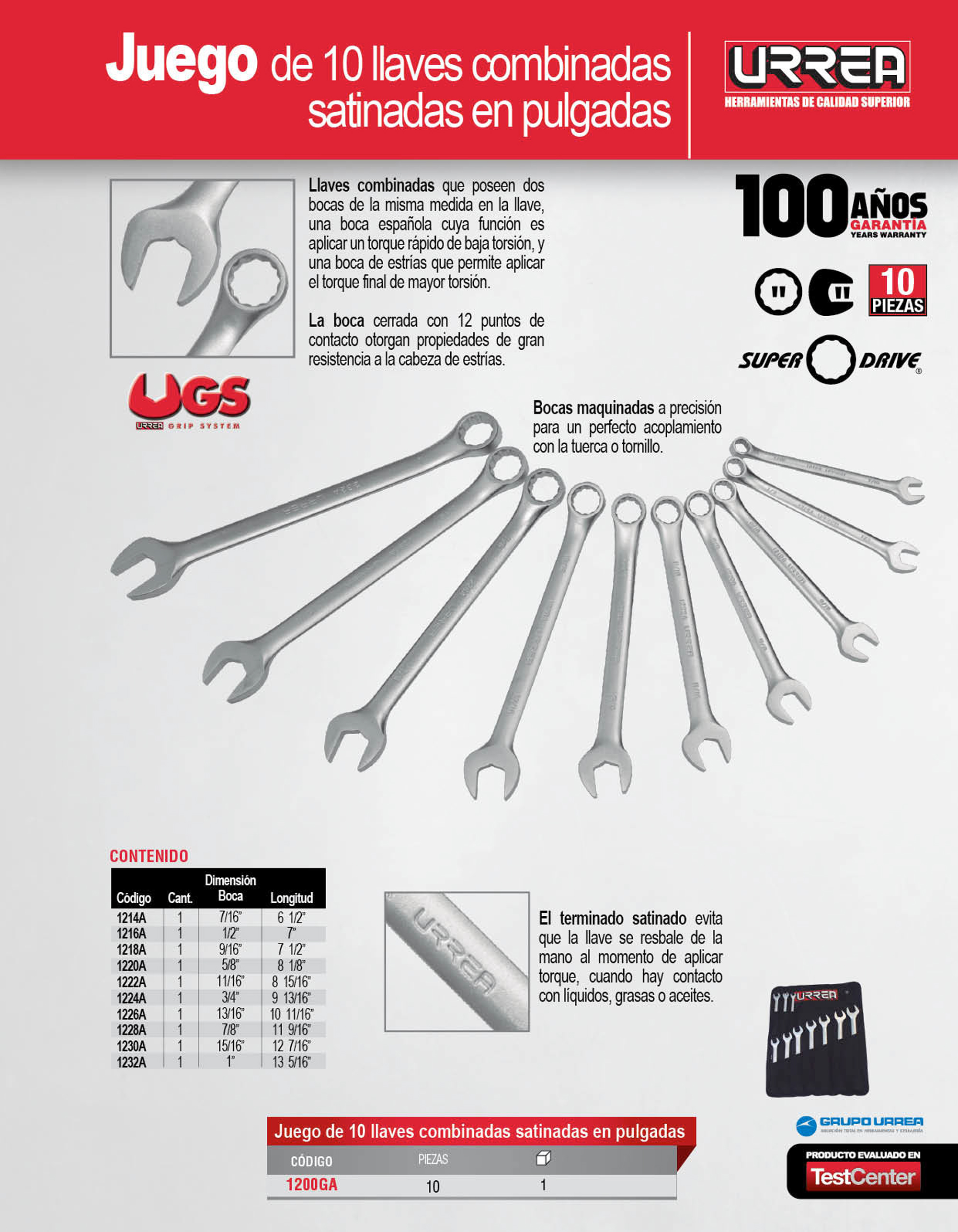 Urrea-1200GA / 1200GA TRUPER Juego de llaves combinadas satinadas en pulgadas, 12 puntas, 10 ...