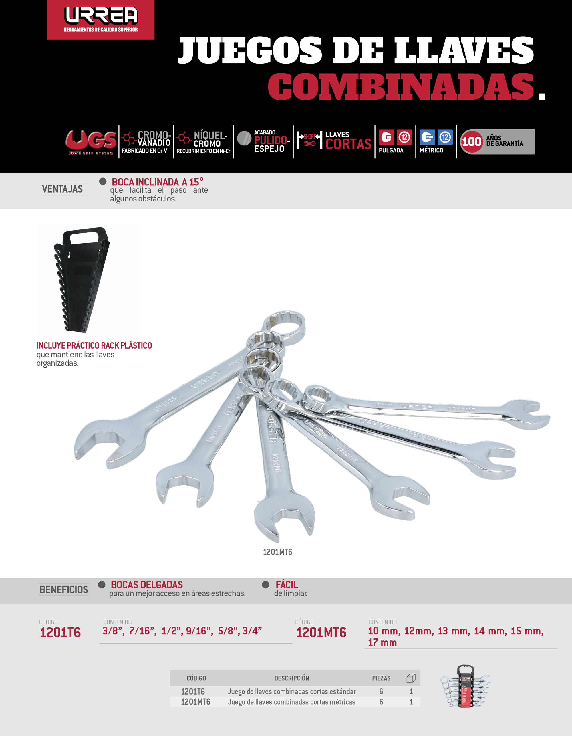Urrea-1201MT6 / 1201MT6 TRUPER Juego de llaves combinadas cortas pulido espejo métricas, 12 ...
