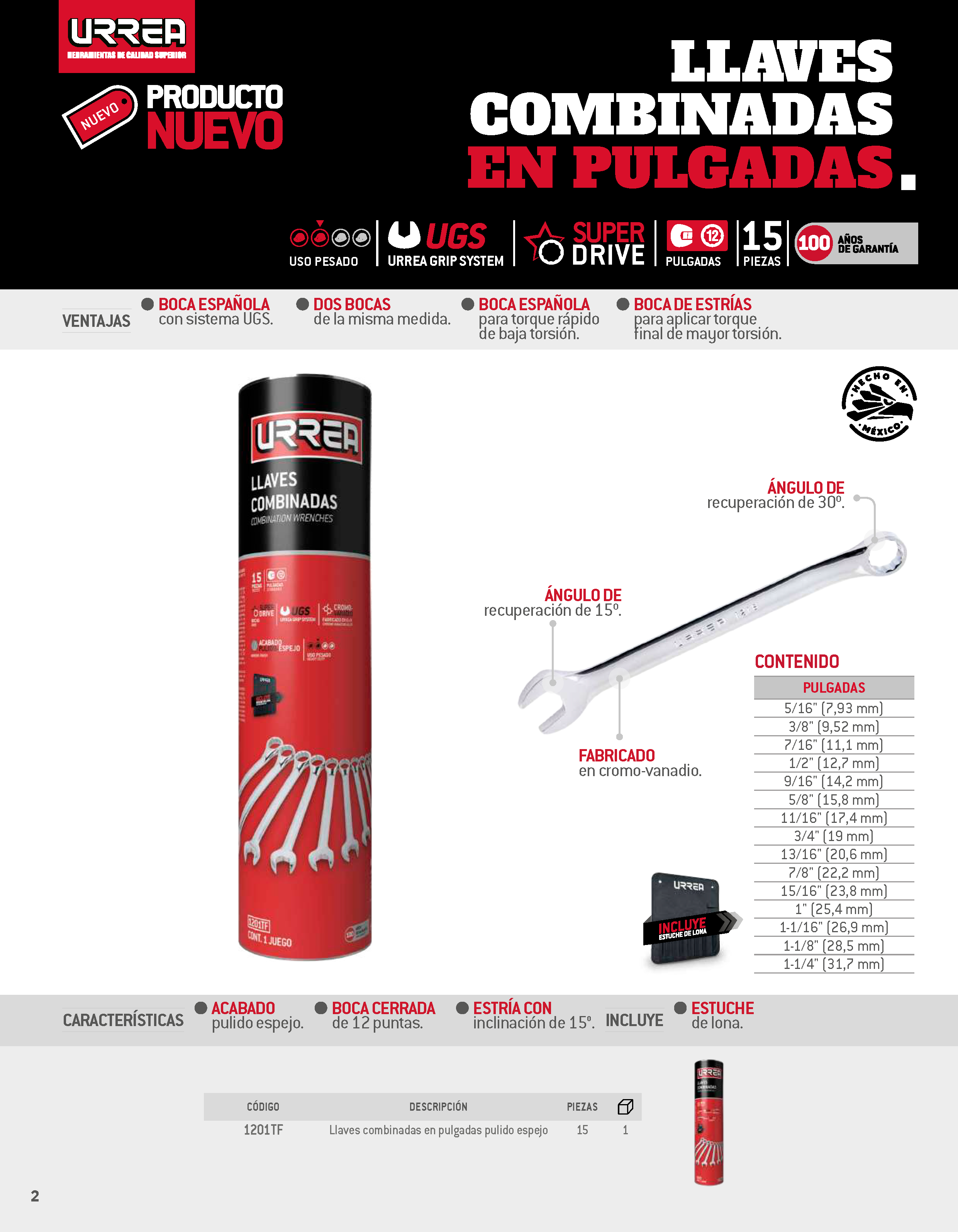 Urrea-1201TF / 1201TF TRUPER Juego de llaves combinadas pulido espejo en pulgadas, 12 puntas, 15 ...