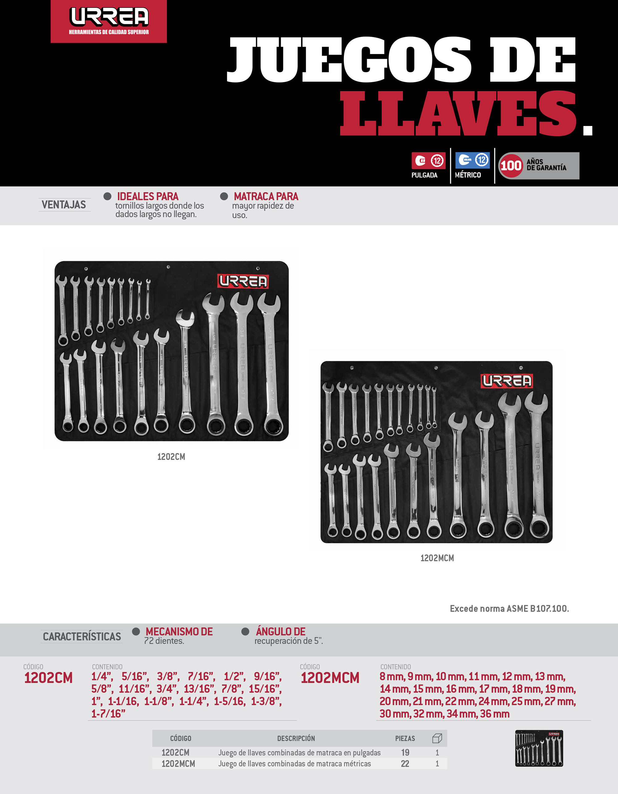 Urrea-1202MCM / 1202MCM TRUPER Juego de llaves combinadas pulido espejo de matraca mét, 12 ...