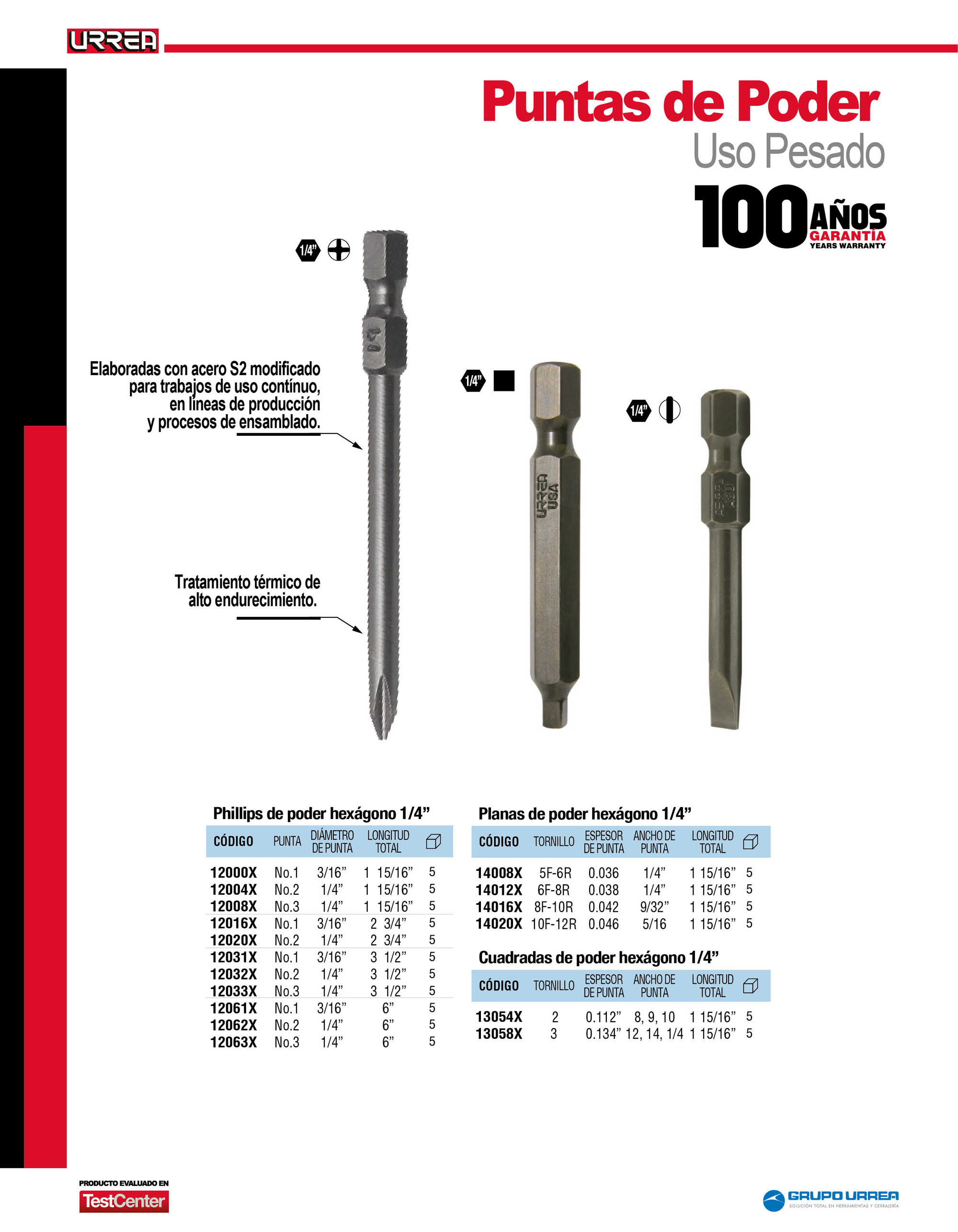 Urrea-12062X / 12062X TRUPER Punta Phillips de poder hexágono de 1/4", #2 x 6" Urrea