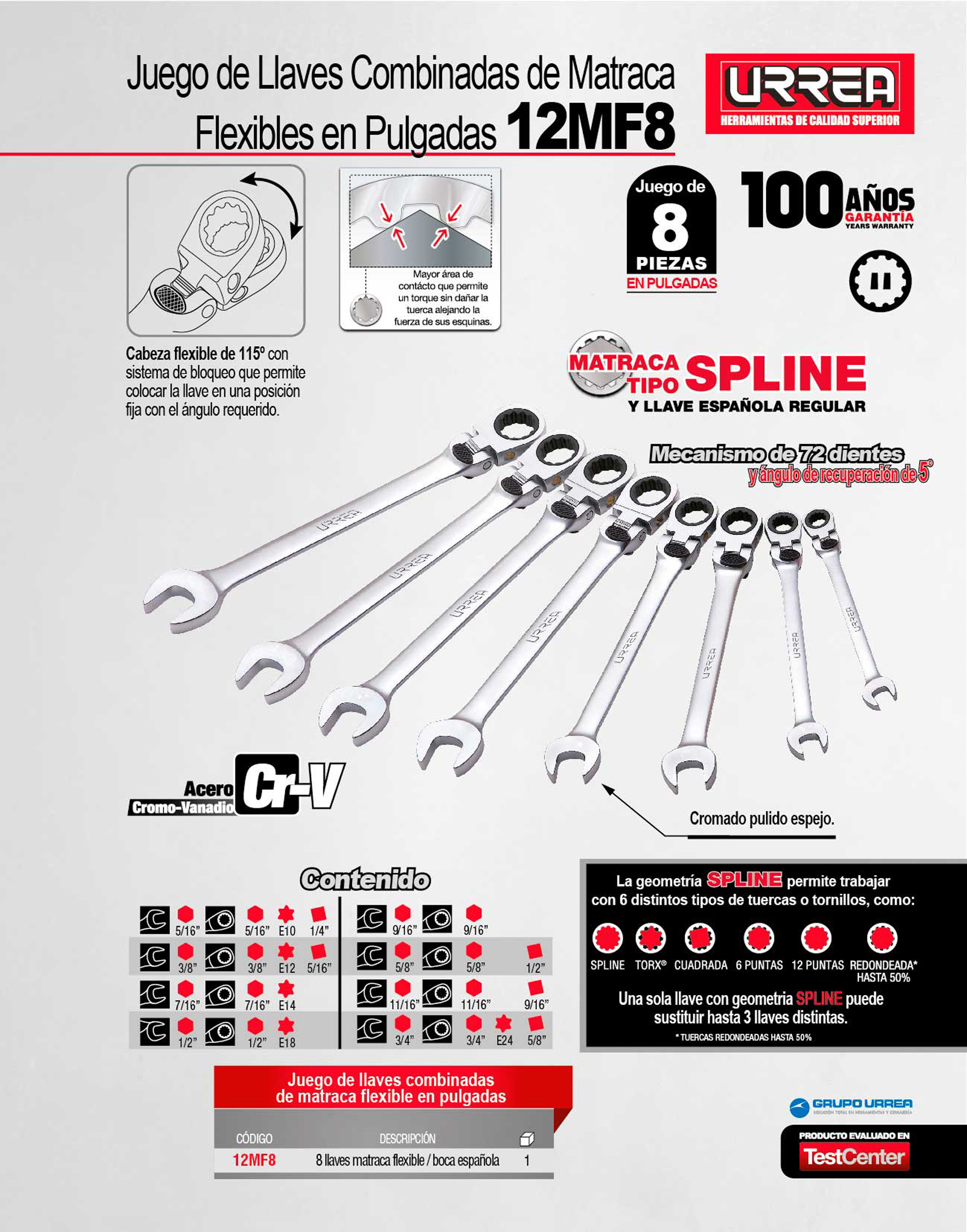 Urrea-12MF8 / 12MF8 TRUPER Juego de llaves combinadas pulido espejo flex de matraca spline en ...