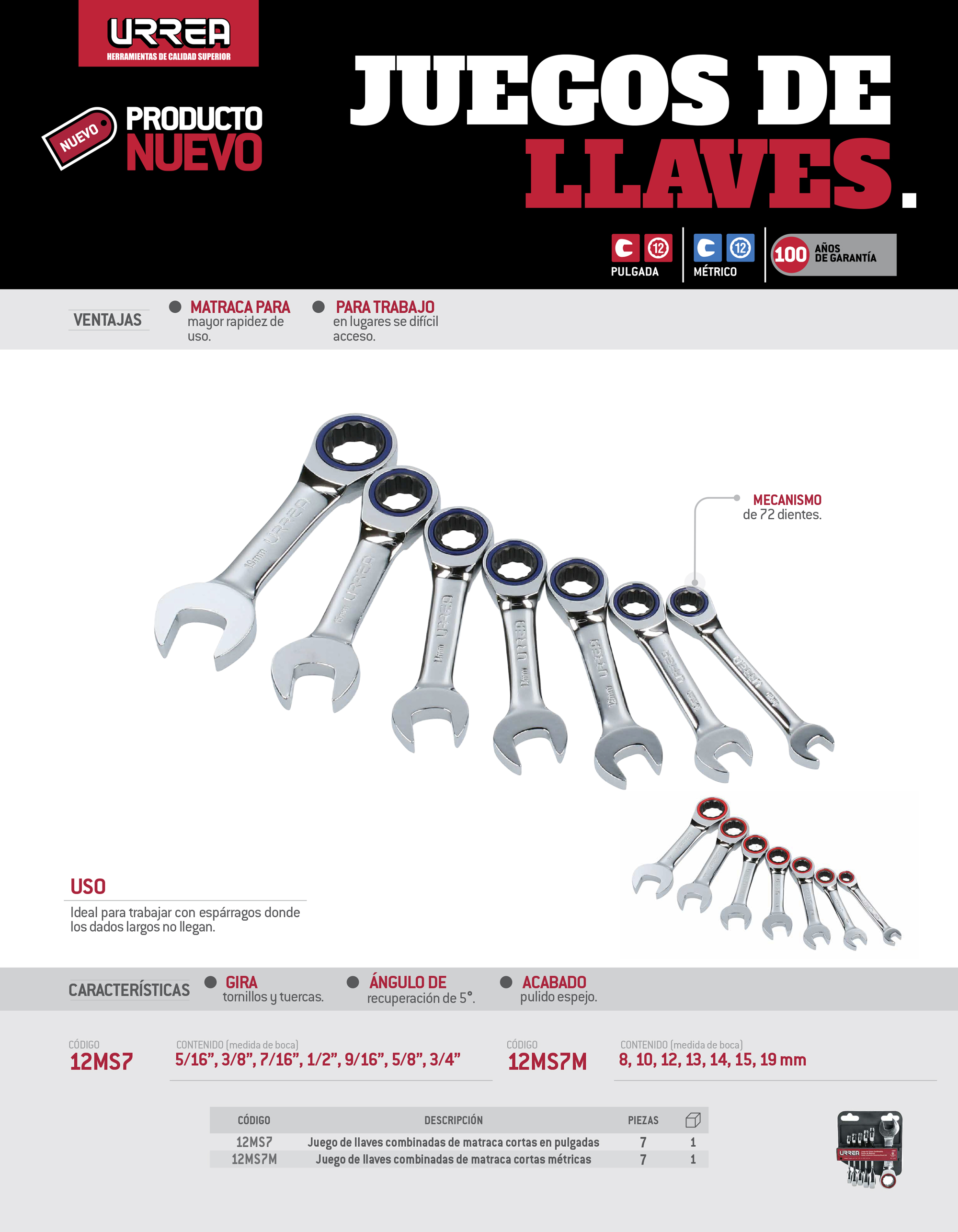 Urrea-12MS7 / 12MS7 TRUPER Juego de llaves combinadas ctas pulido espejo de matraca en pulg, 12 ...
