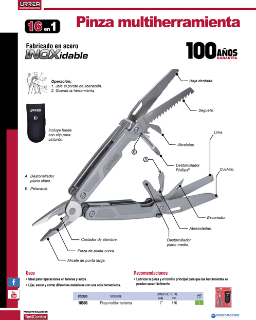 Urrea-18566 / 18566 TRUPER Pinza multiherramienta 16 en 1 de 7" Urrea