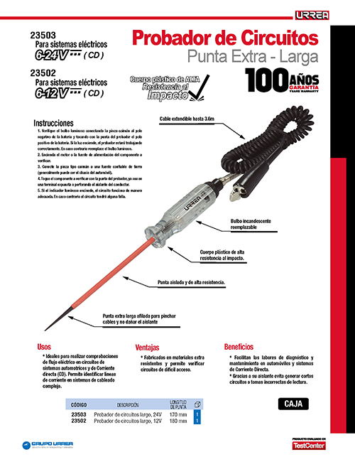 Urrea-23502 / 23502 TRUPER Probador circuitos con punta extra larga, 6 ...