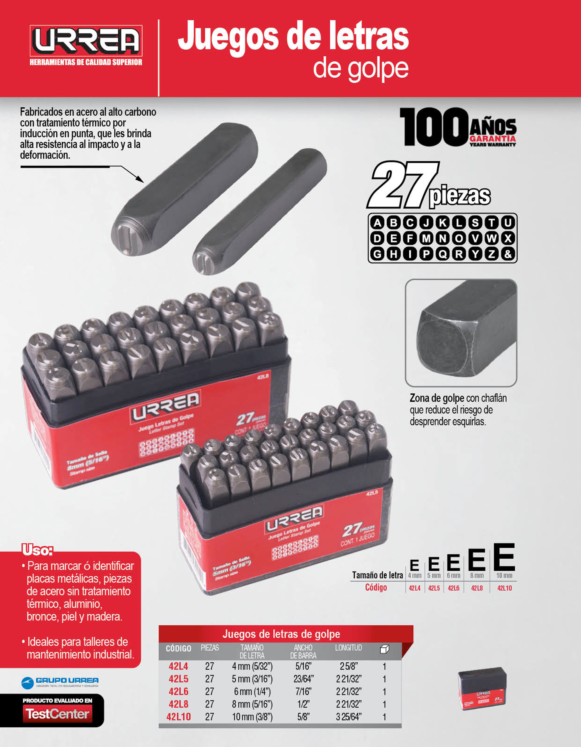 Urrea-42L4 / 42L4 TRUPER Juego de letras de la "A" a la "Z" de golpe 4 mm, 27 piezas Urrea