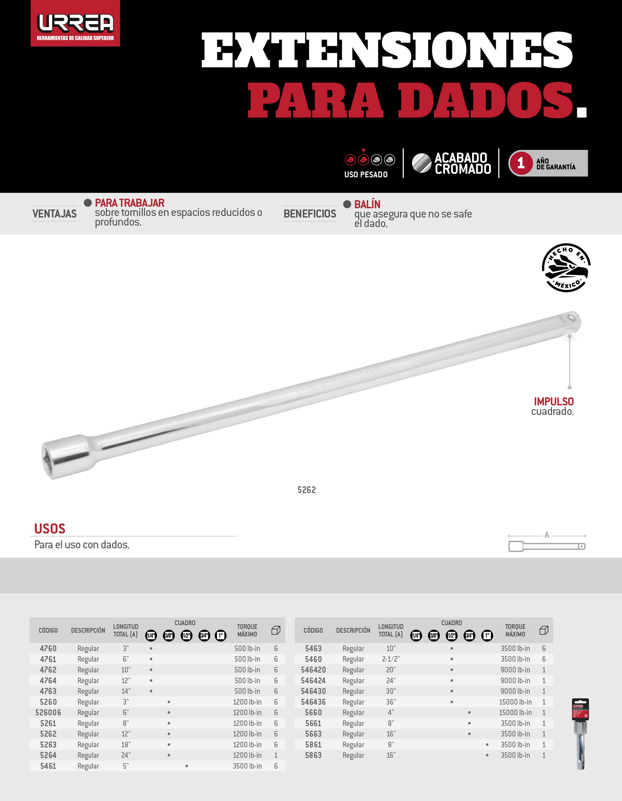 Urrea-5460 / 5460 TRUPER Extensión para dado cuadro de 1/2", 2-1/2" Urrea