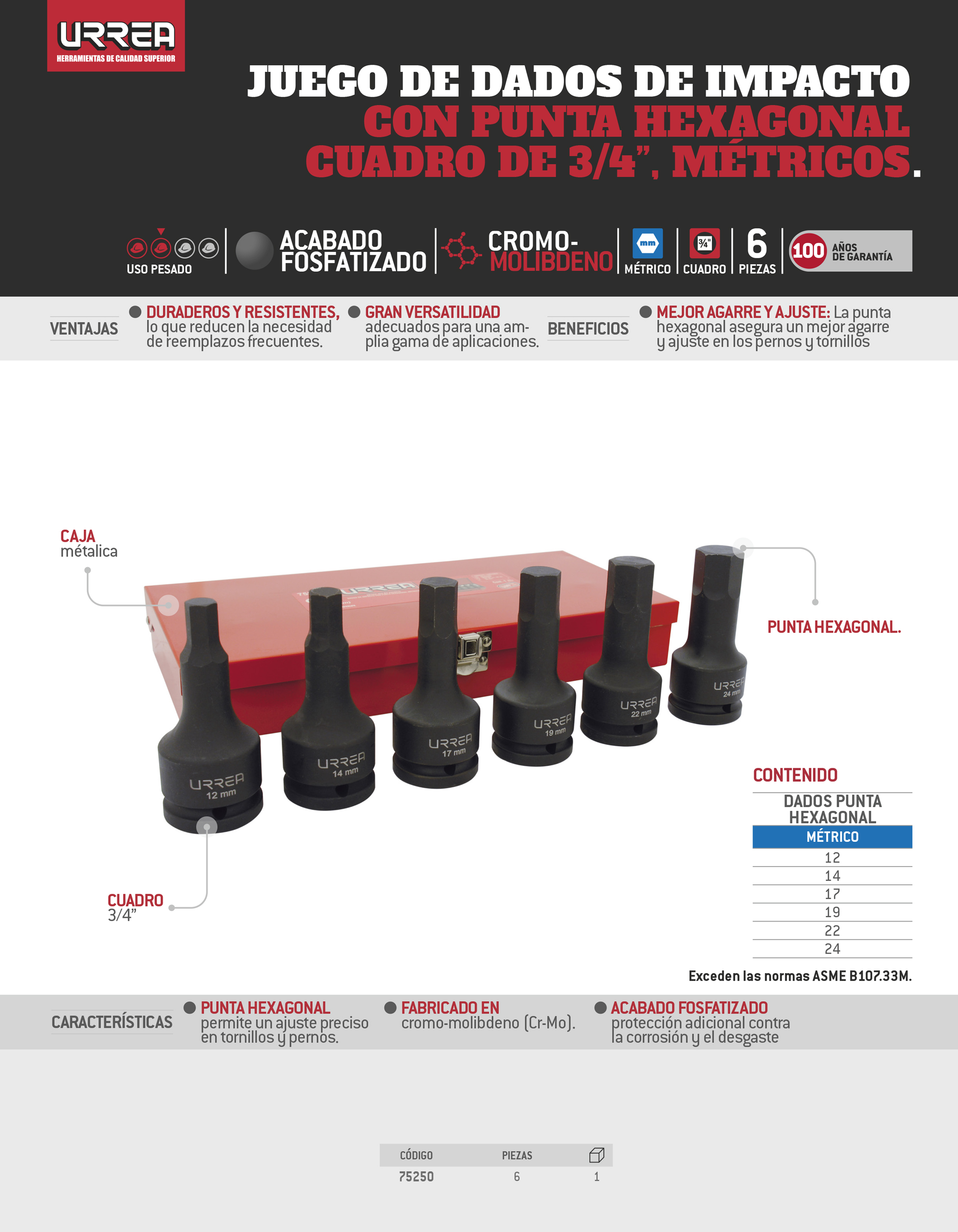 Urrea-75250 / 75250 TRUPER Juego de dados de impacto con punta ...
