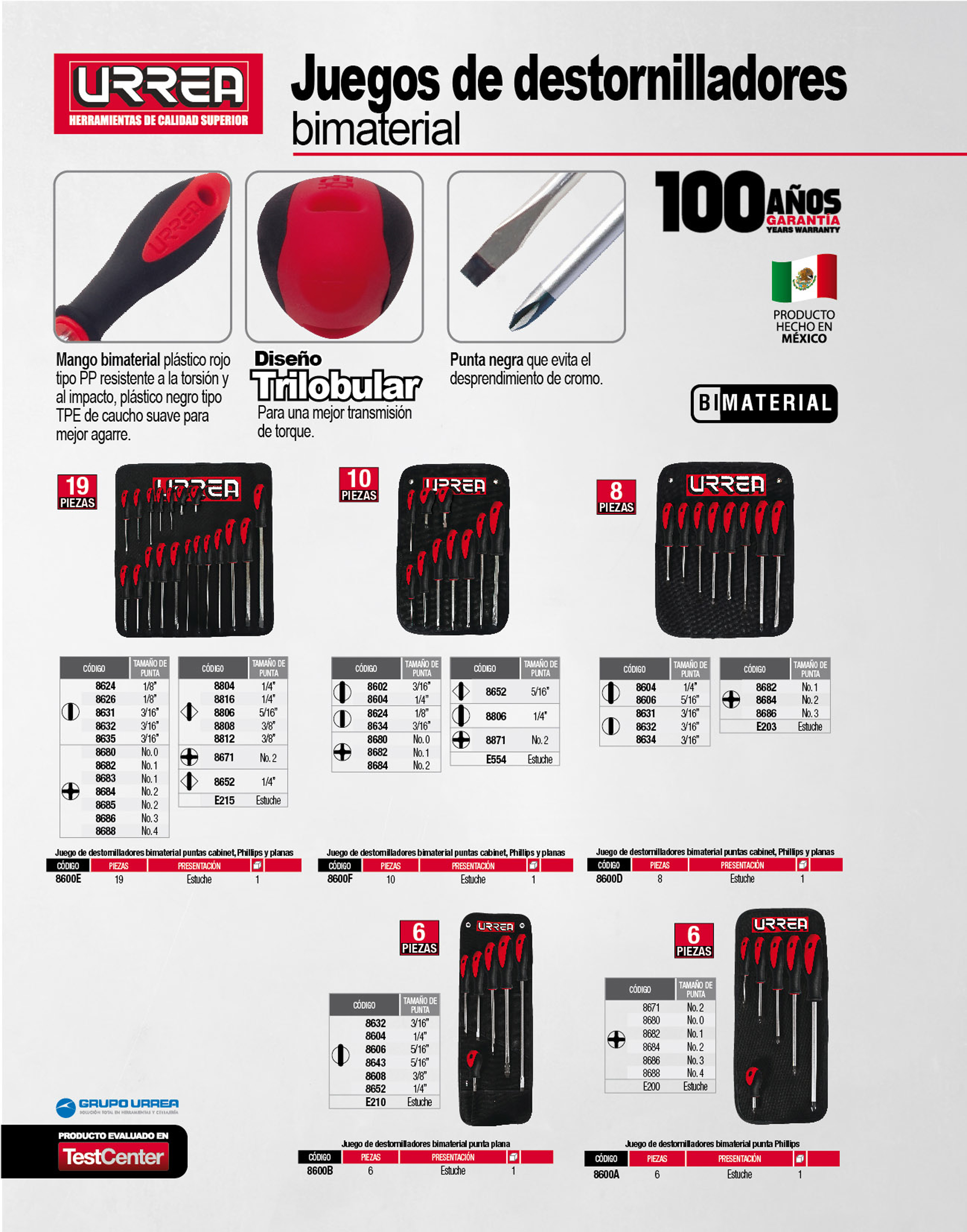 Urrea-8600F / 8600F TRUPER Juego de destornilladores con mango bimaterial combinados, 10 piezas ...