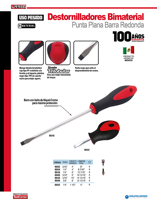 Urrea-8604 / 8604 TRUPER Destornillador con mango bimaterial, punta plana barra redonda 1/4" x 4 ...