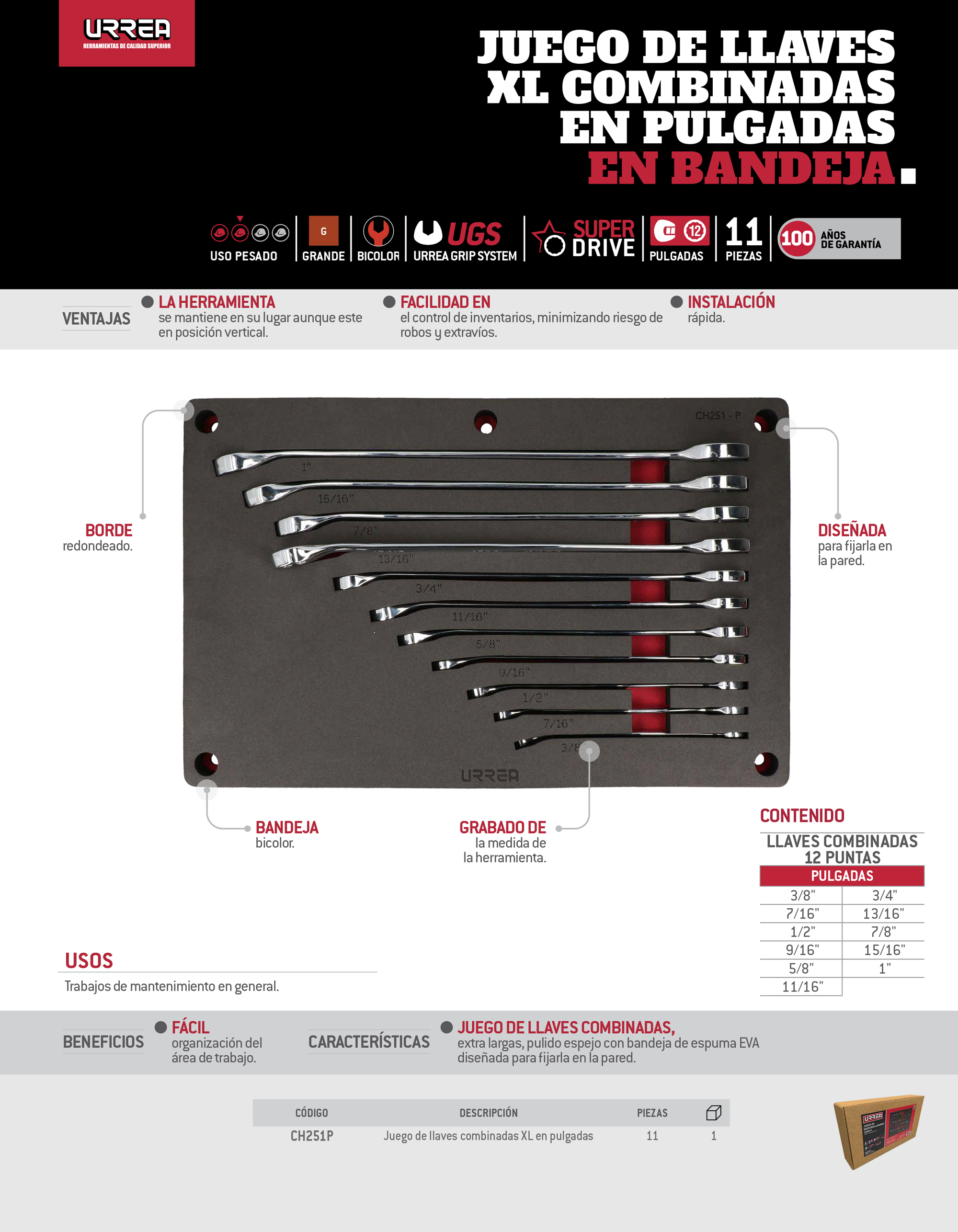 Urrea-CH251P / CH251P TRUPER Juego de llaves combinadas pulido espejo extra largas enpulgadas 11 ...