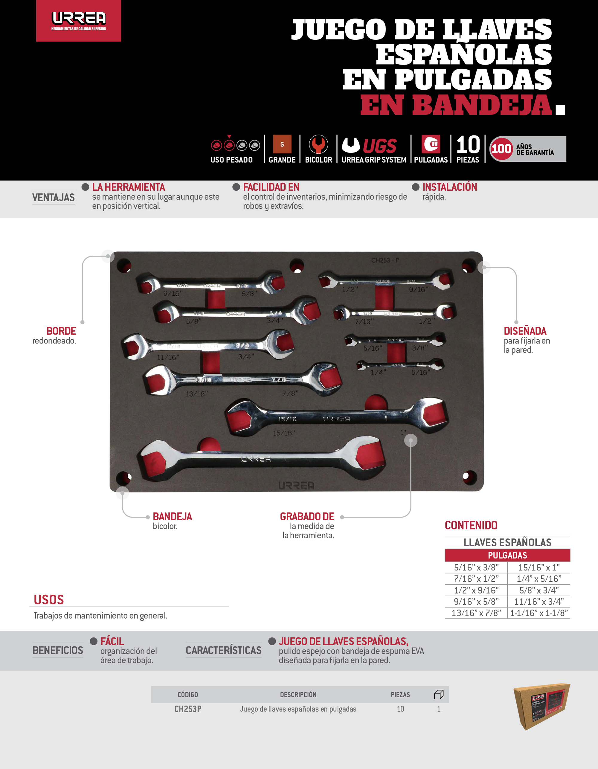 Urrea-CH253P / CH253P TRUPER Juego de llaves españolas pulido espejo en pulgadas 10 piezas ...
